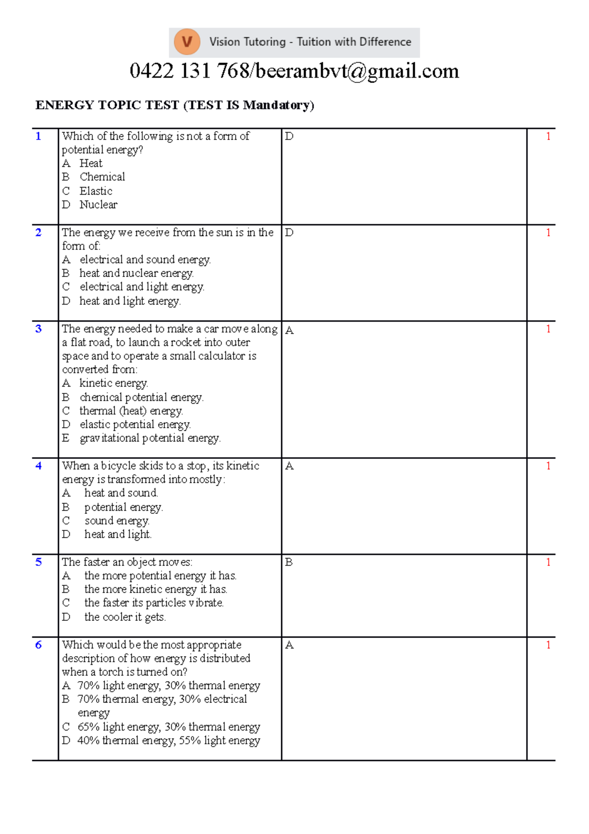 Topic Test - Energy - Lengthy Description - ENERGY TOPIC TEST (TEST IS ...