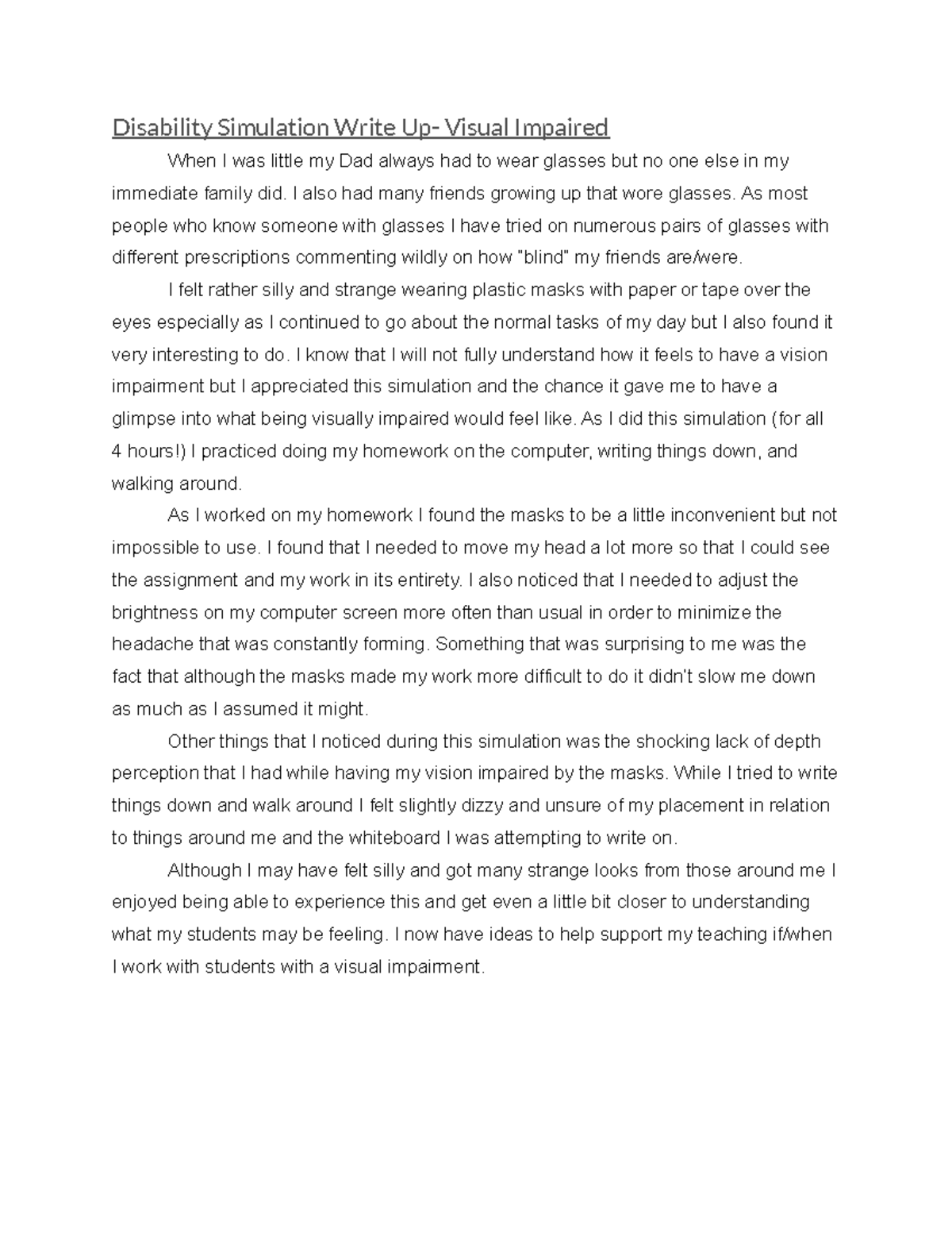 Disability Simulation Writeup- Visual Impaired - Disability Simulation ...