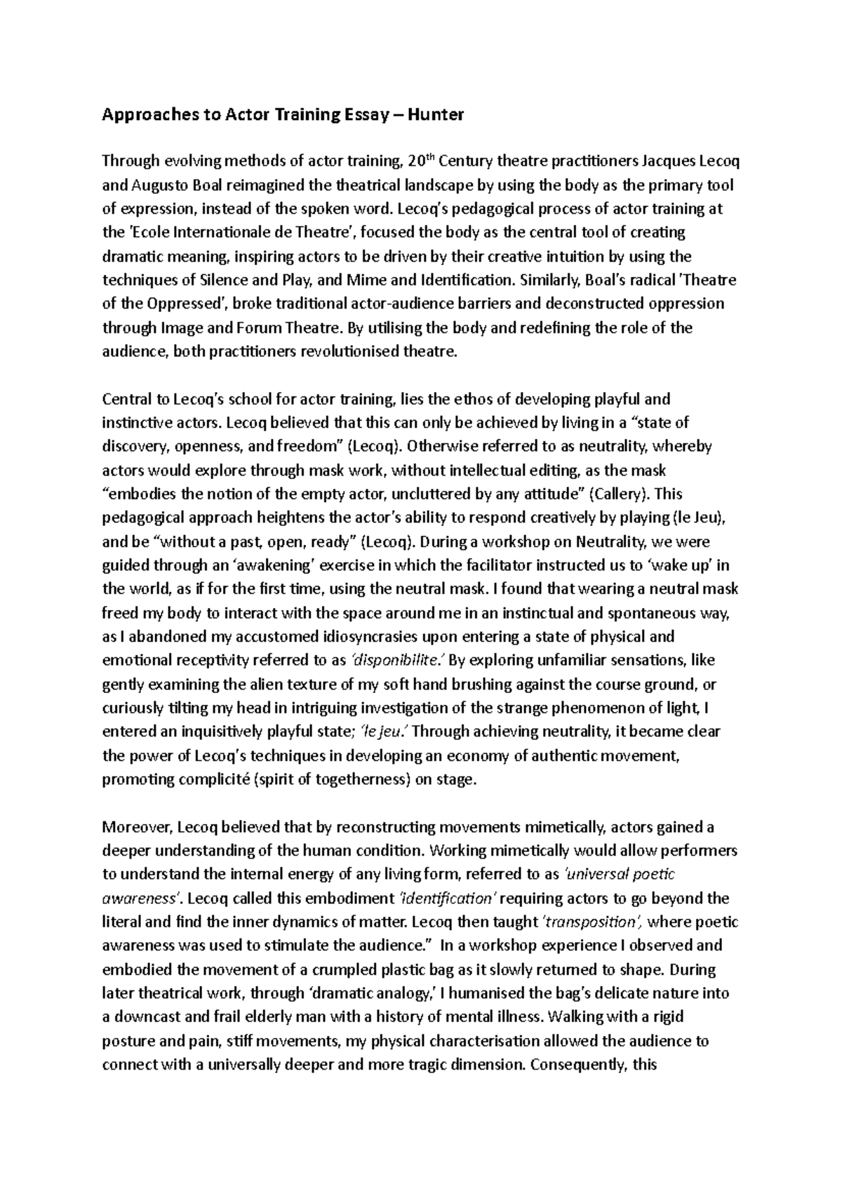 Approaches to Actor Training Essay HSC - Lecoq's pedagogical process of ...
