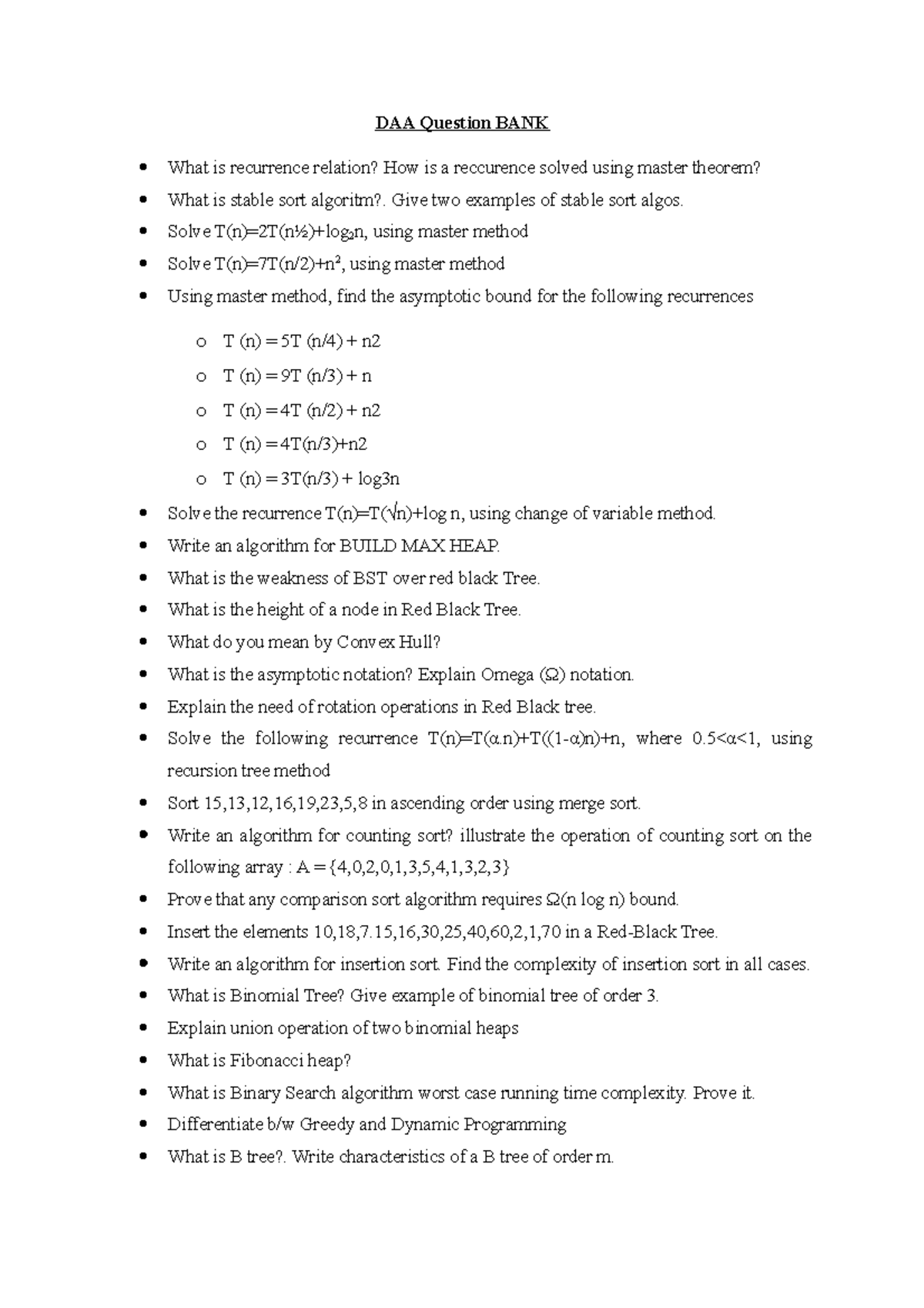Question Bank - ndcernvn4nv - DAA Question BANK What is recurrence relation? How is a reccurence ...
