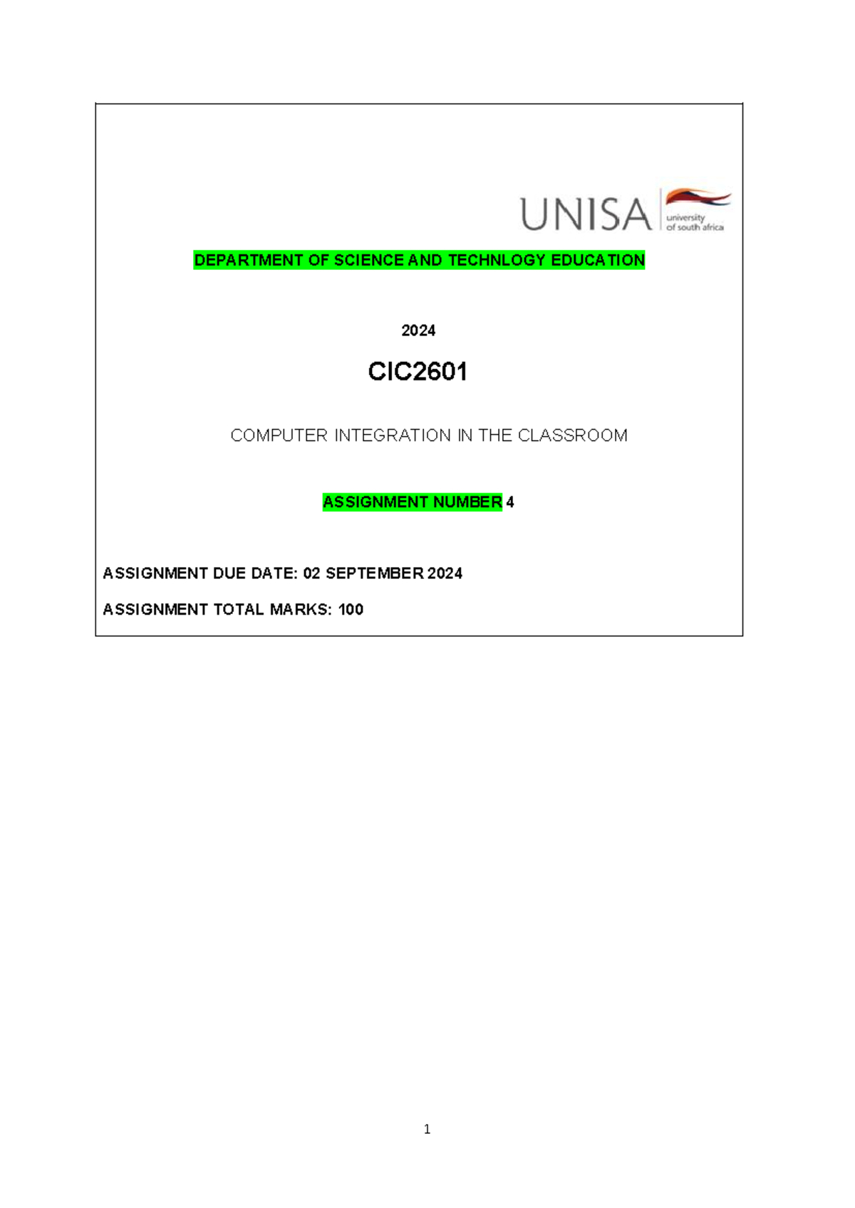 CIC2601 Assignment 4 2 - DEPARTMENT OF SCIENCE AND TECHNLOGY EDUCATION 2024 CIC COMPUTER ...