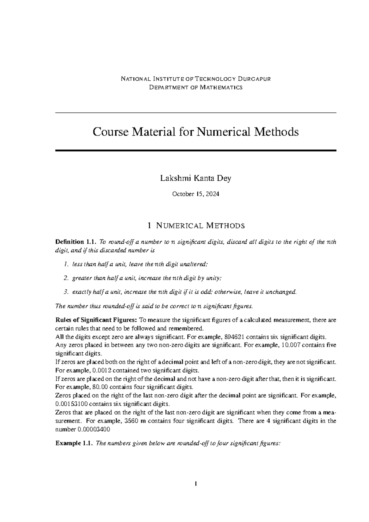 Course Materials Numerical Methods - NATIONAL INSTITUTE OF TECHNOLOGY ...