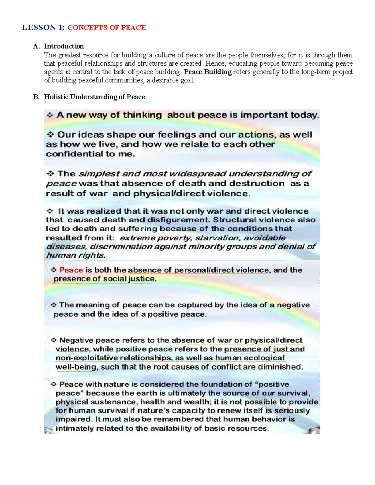 PEd - Lesson 1-2 - Enjoy - LESSON 1: CONCEPTS OF PEACE A. Introduction ...