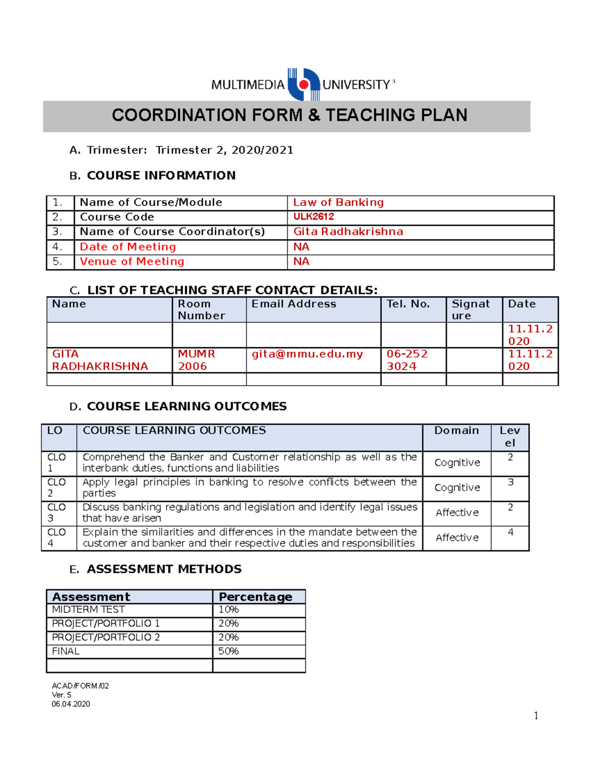 TP-ULK2612 T3 2020-21 - Teaching plan - A. Trimester: Trimester 2, 2020 ...