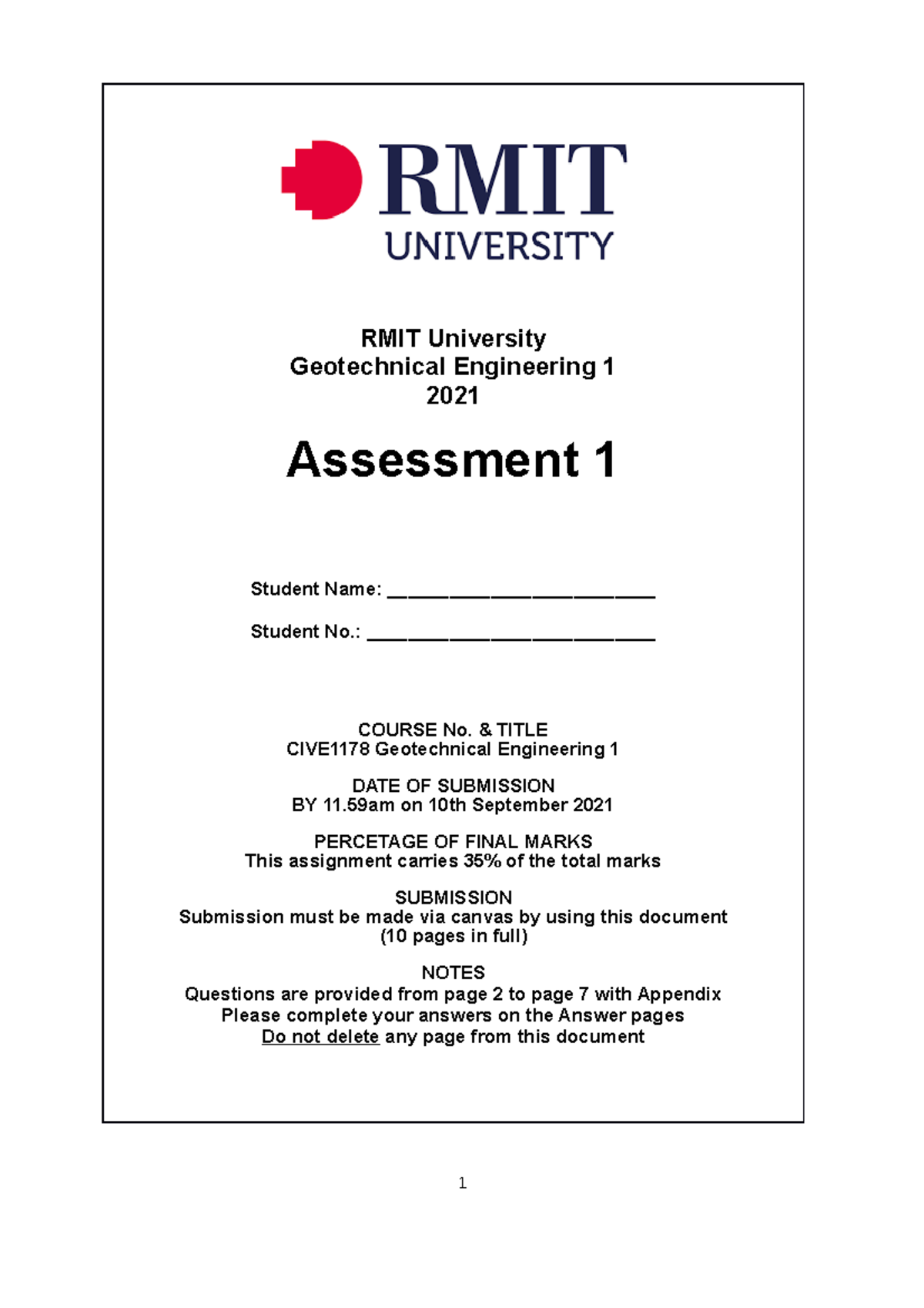 2021 CIVE1178 Assessment 1 - CIVE1178 - RMIT University - Studocu