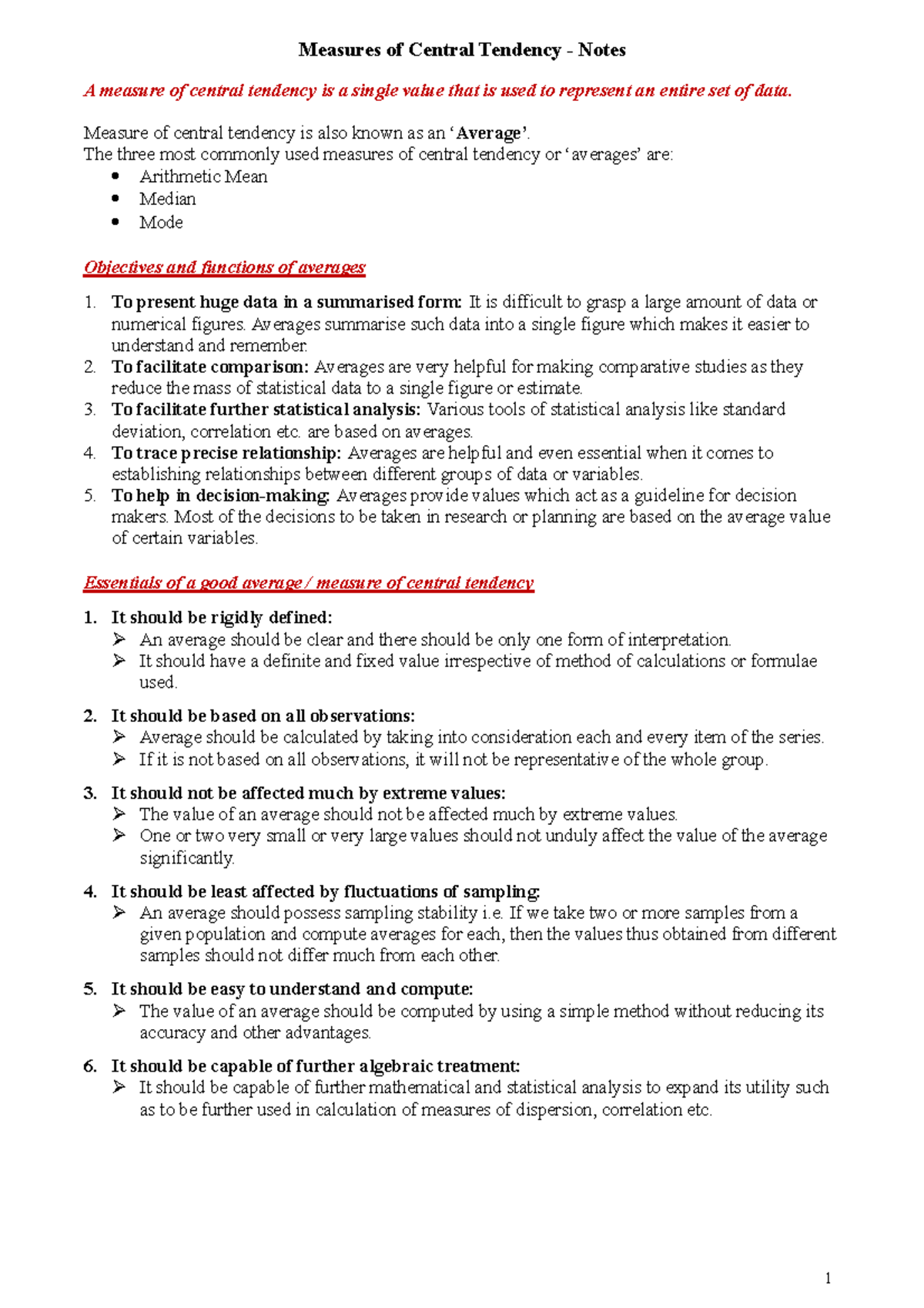 Arithmetic Mean- notes - 1 Measures of Central Tendency - Notes A ...