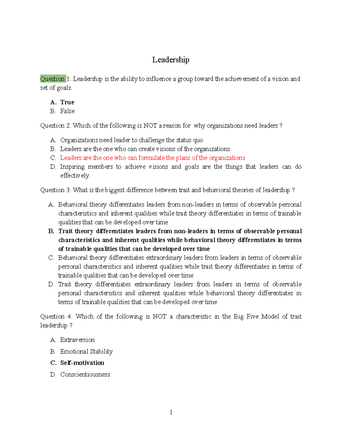 Practice OB - Final exam quiz - Leadership Question 1: Leadership is ...