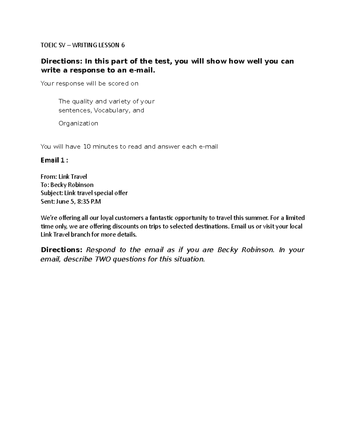 Toeic SV - Writing Lesson 6 - TOEIC SV – WRITING LESSON 6 Directions ...