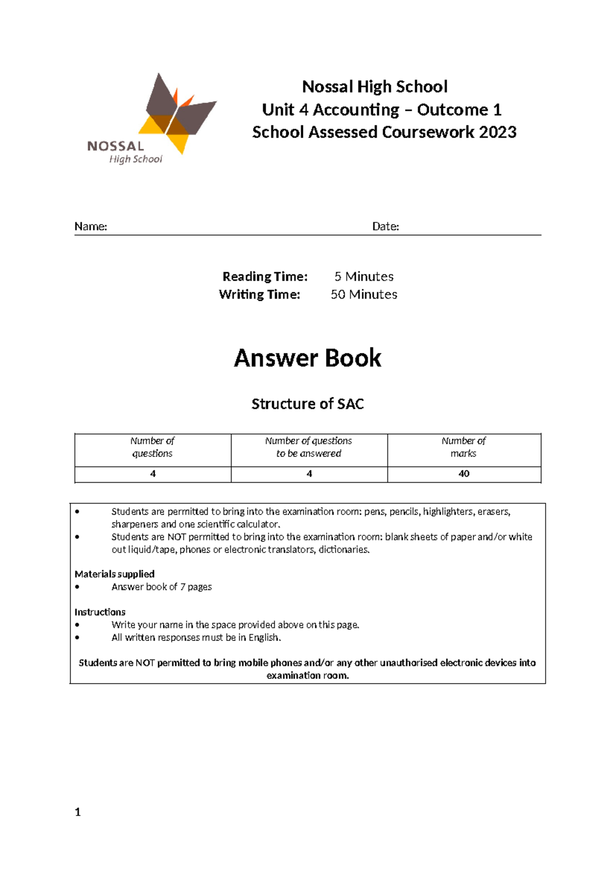 1. U4 Outcome 1A Answer Booklet 2023 - Nossal High School Unit 4 ...