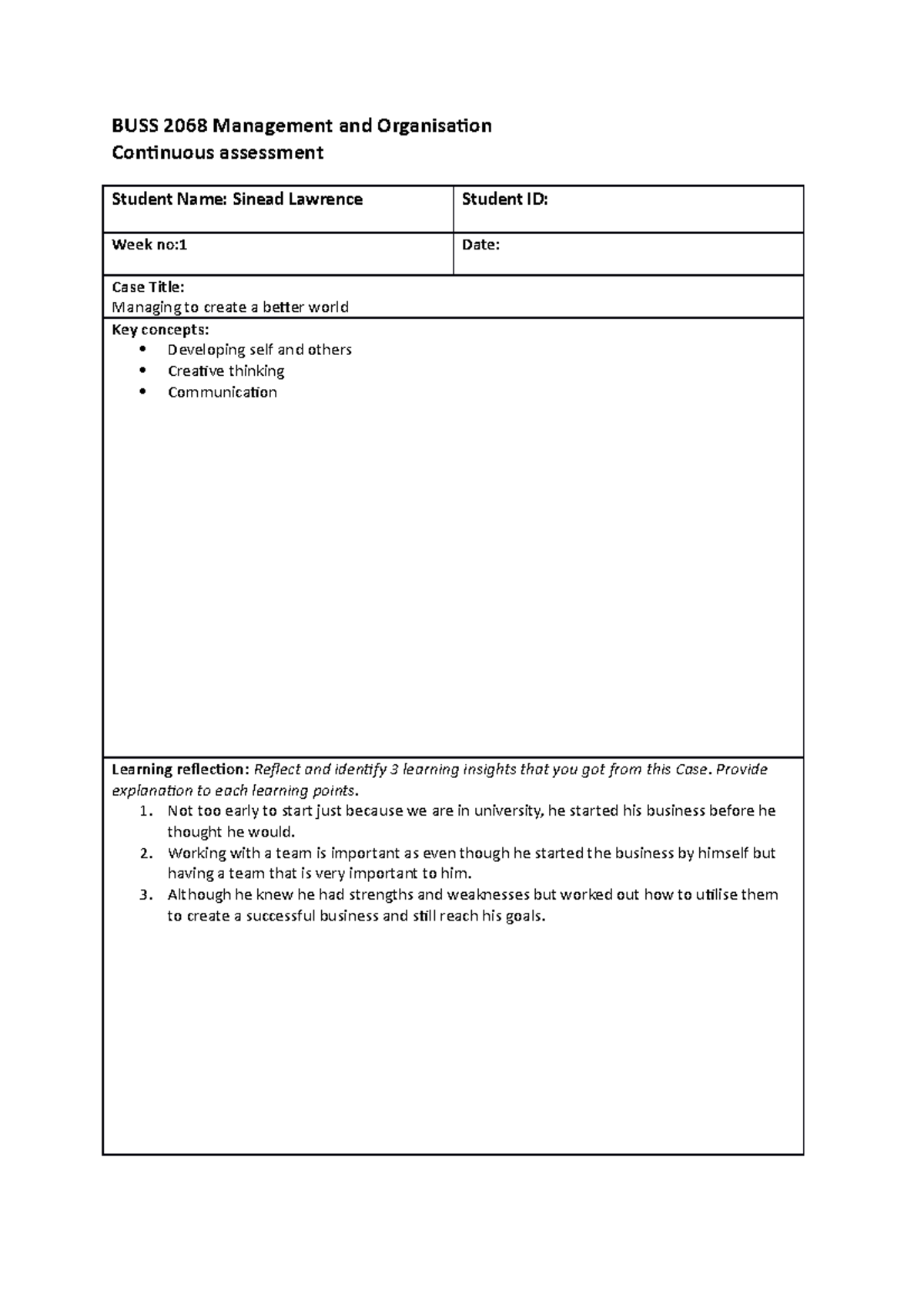 Case Application Template -Continuous assessment - practice - BUSS 2068 ...