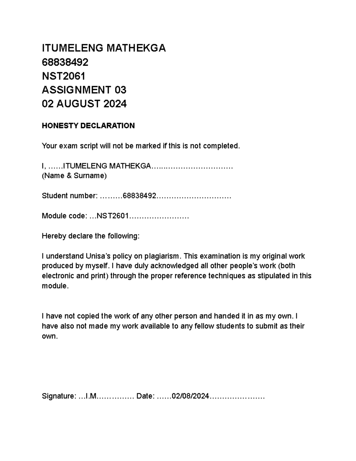 68838492 NST2601 Assignment 3 - ITUMELENG MATHEKGA 68838492 NST ...