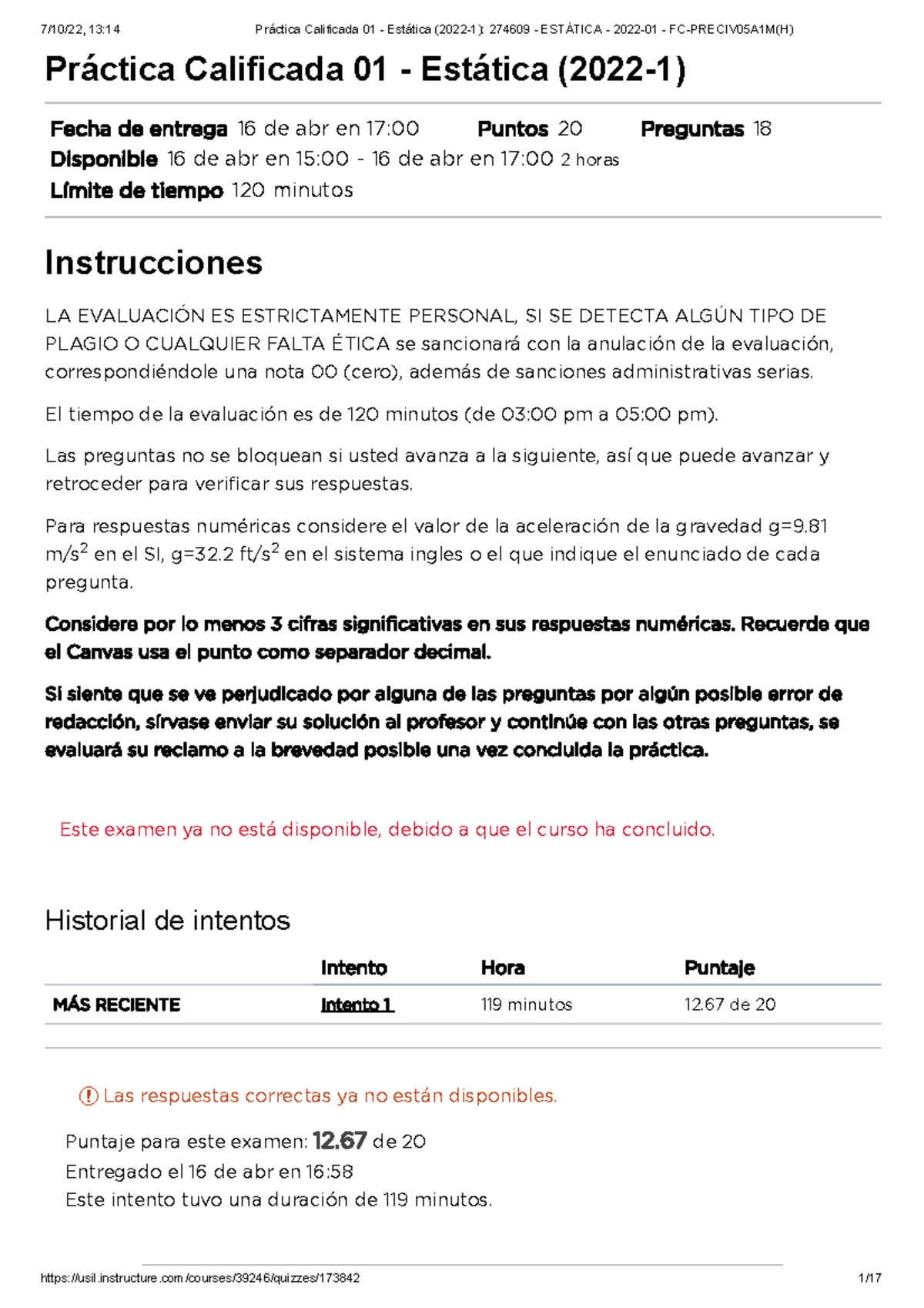 Práctica Calificada 01 - Estática (2022-1) 274609 - Estática - 2022-01 - FC- Preciv 05A1M(H ...