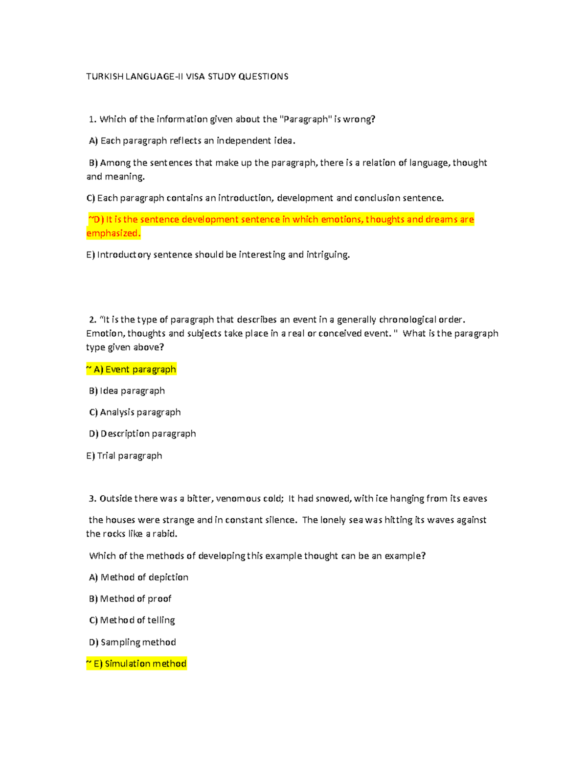 Turkish exam questions - TURKISH LANGUAGE-II VISA STUDY QUESTIONS Which ...