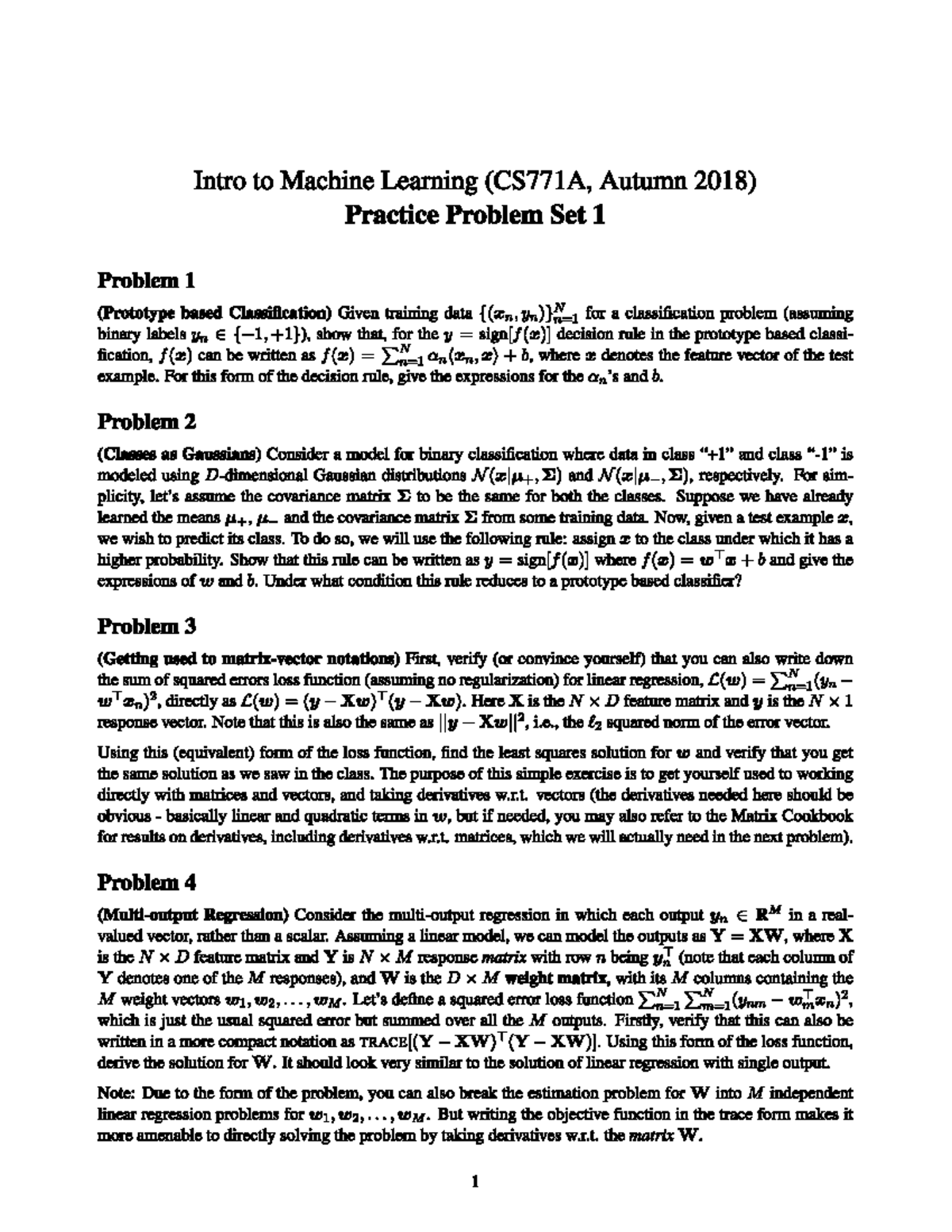 Practice Paper 1 - Intro to Machine Learning (CS771A, Autumn 2018 ...