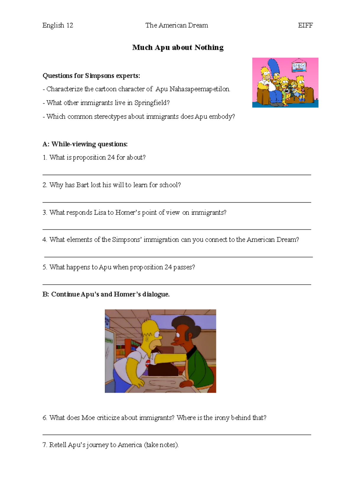 Much Apu about Nothing - worksheet for an episode of the Simpsons ...