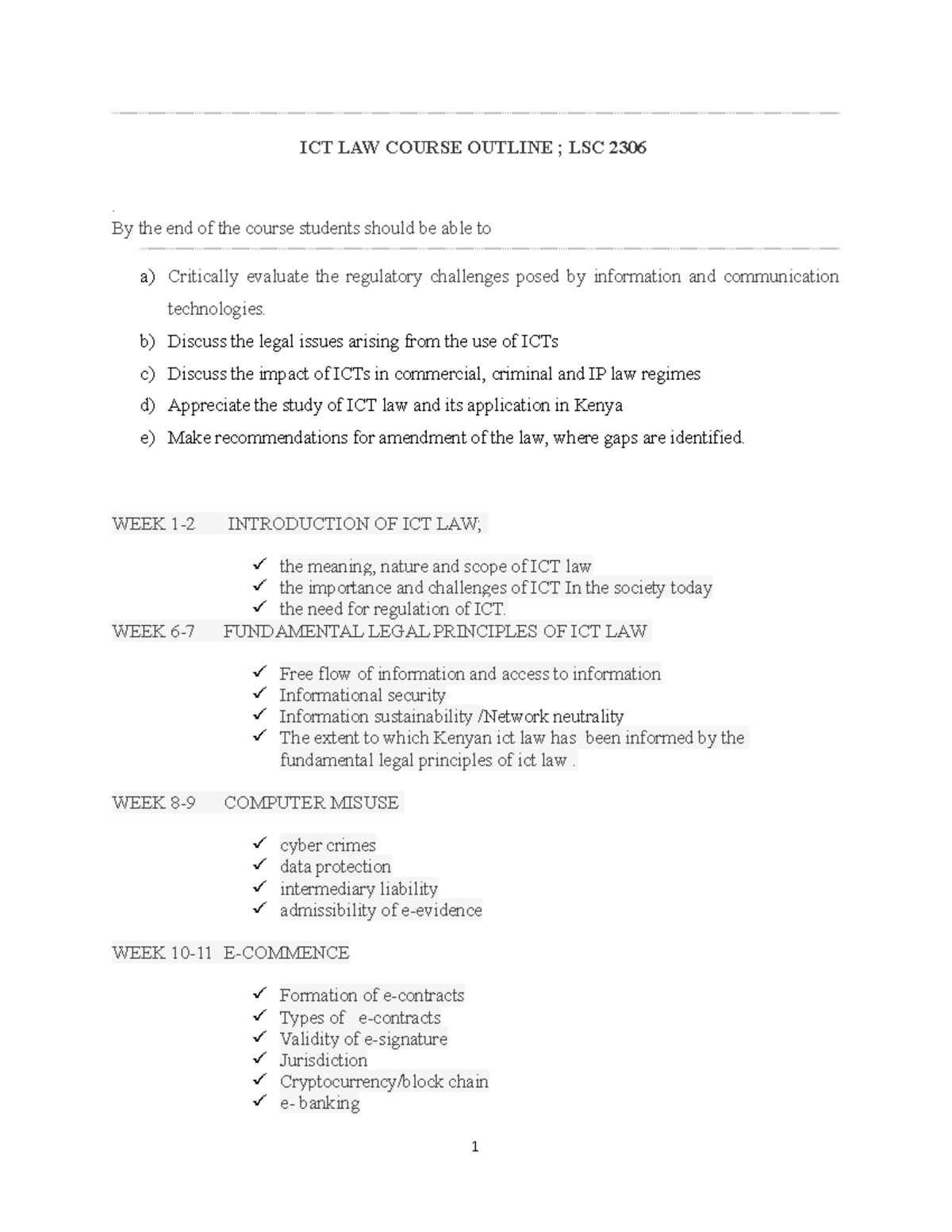 1645469772886 draft course outline ict law - ICT LAW COURSE OUTLINE ...