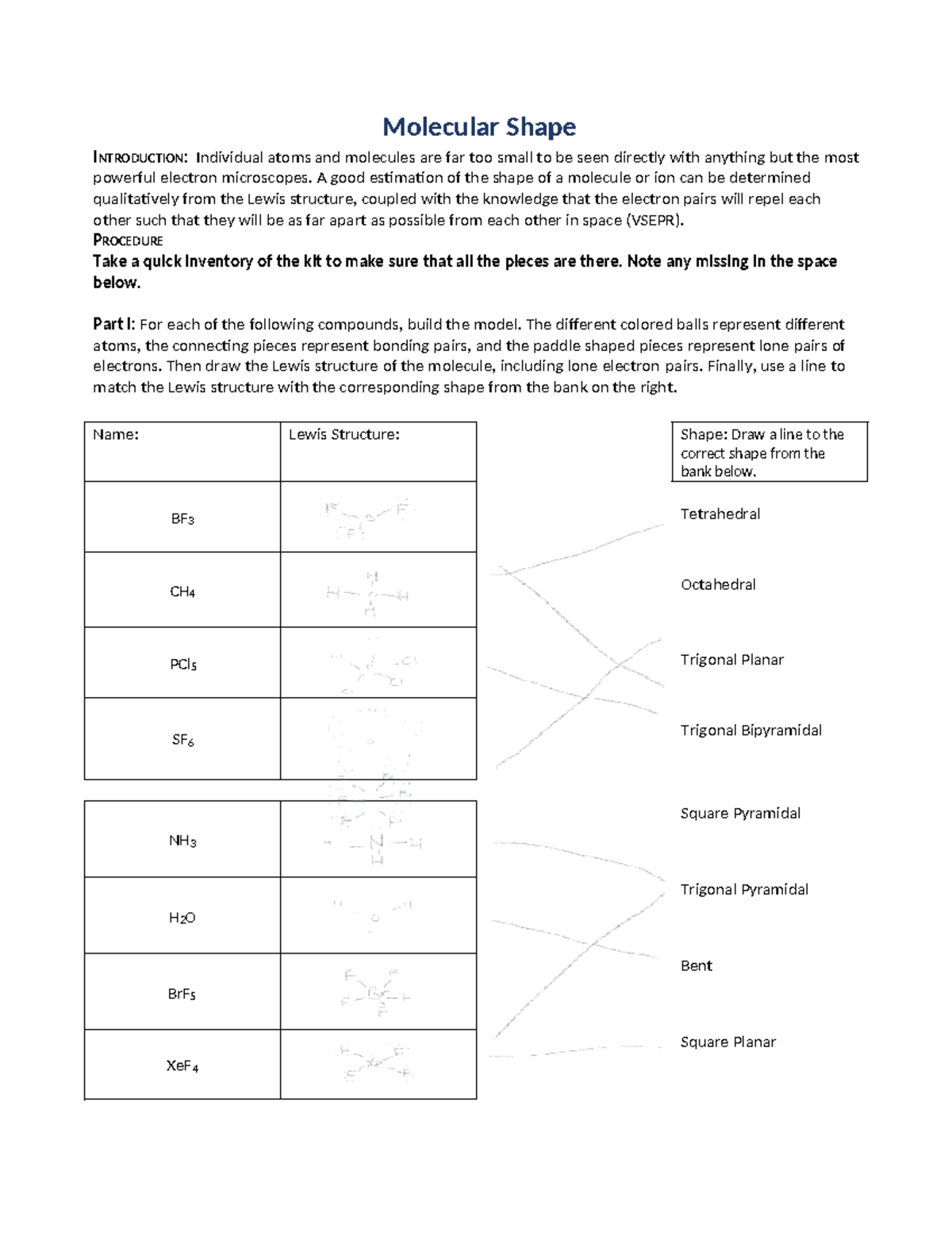 6 - Molecular Shape - lab work - Molecular Shape INTRODUCTION ...