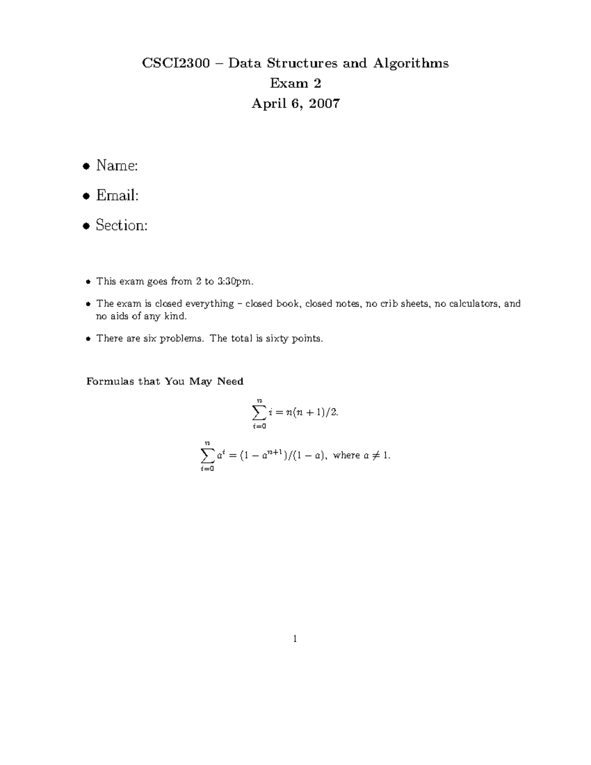 Exam2 Sol Back Exam Csci2300 Data Structures And Algorithms Exam 2 April 6 2007 • Name
