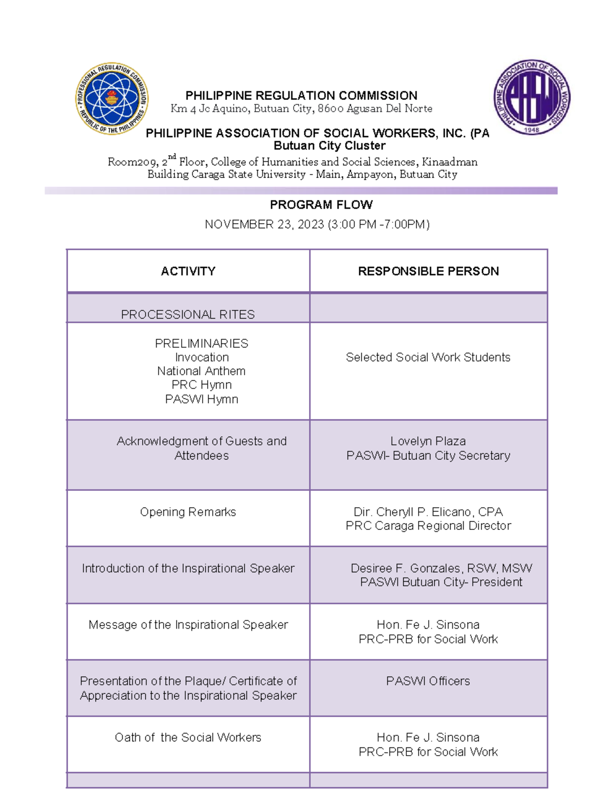 OATH Taking Program FLOW - PHILIPPINE REGULATION COMMISSION Km 4 Jc Aquino, Butuan City, 8600 ...