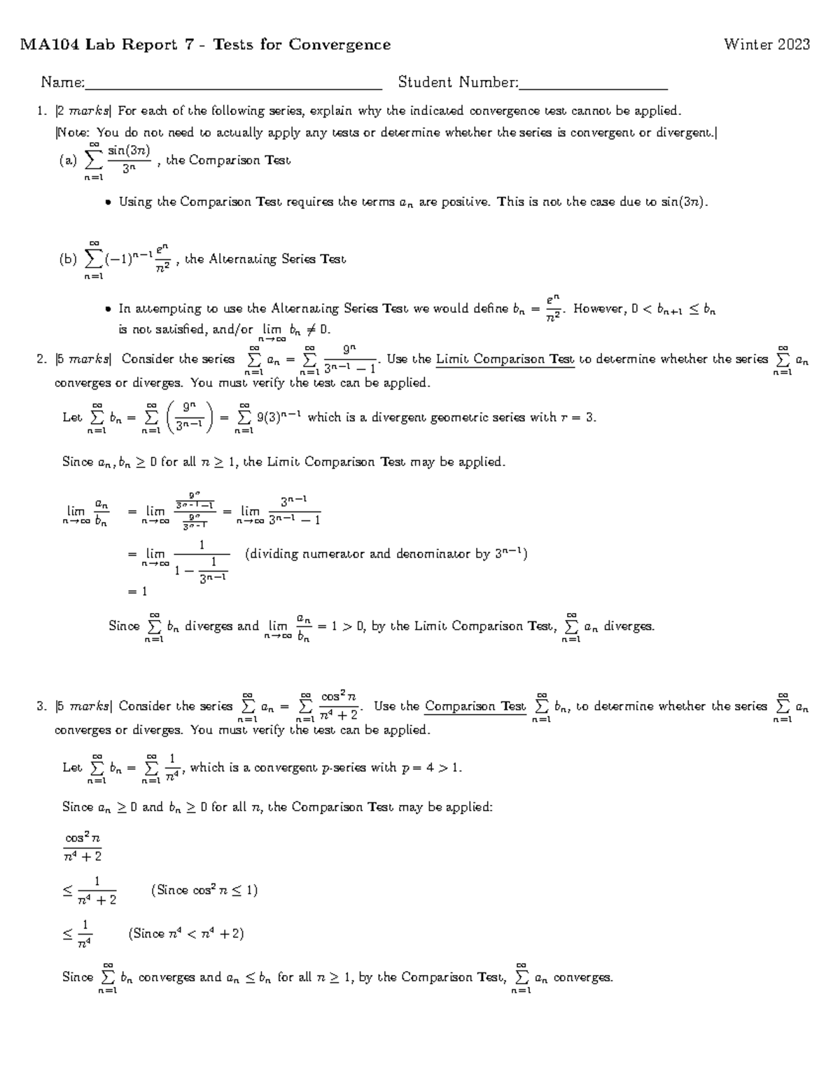 104Lab7Soln - MA104 Lab Report 7 - Tests for Convergence Winter 2023 ...