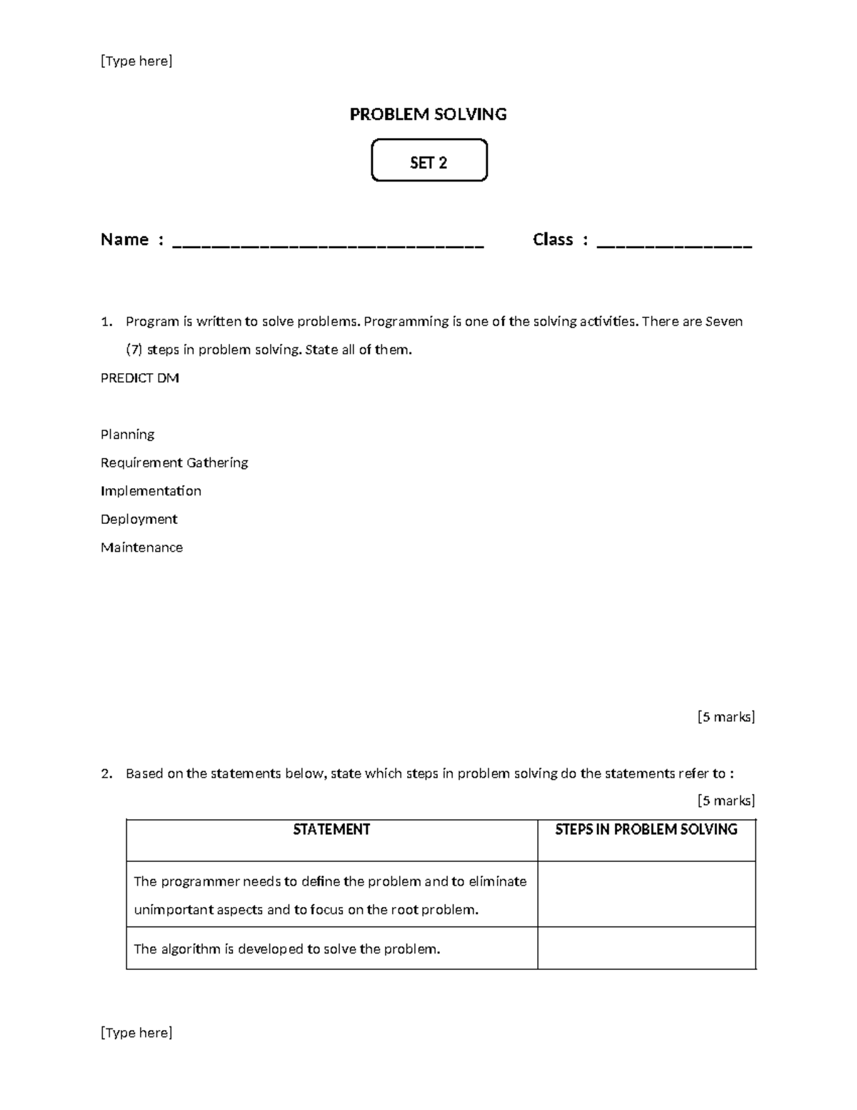 Exercise 1 - FOR TEST - [Type here] PROBLEM SOLVING SET 2 Name