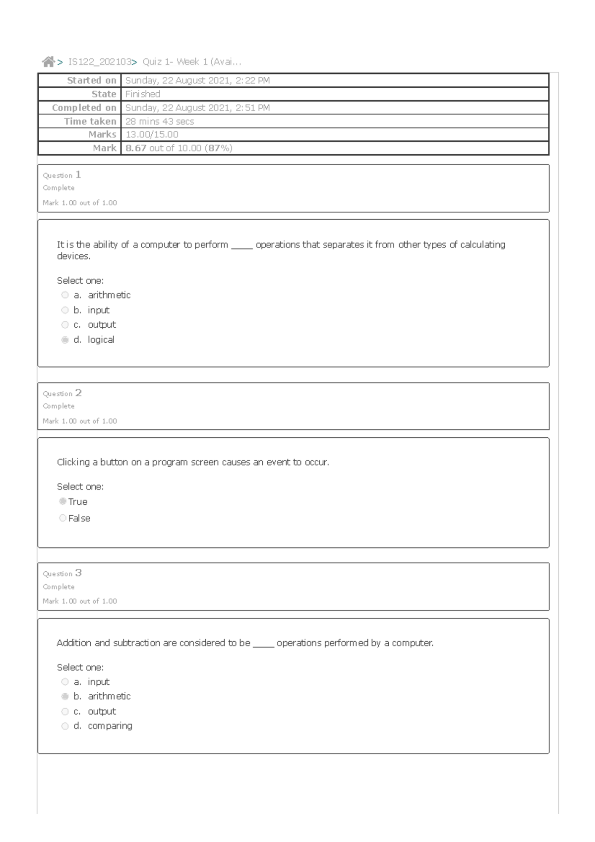 Week 1 Review Quiz - Introduction to VB - Started on Sunday, 22 August ...