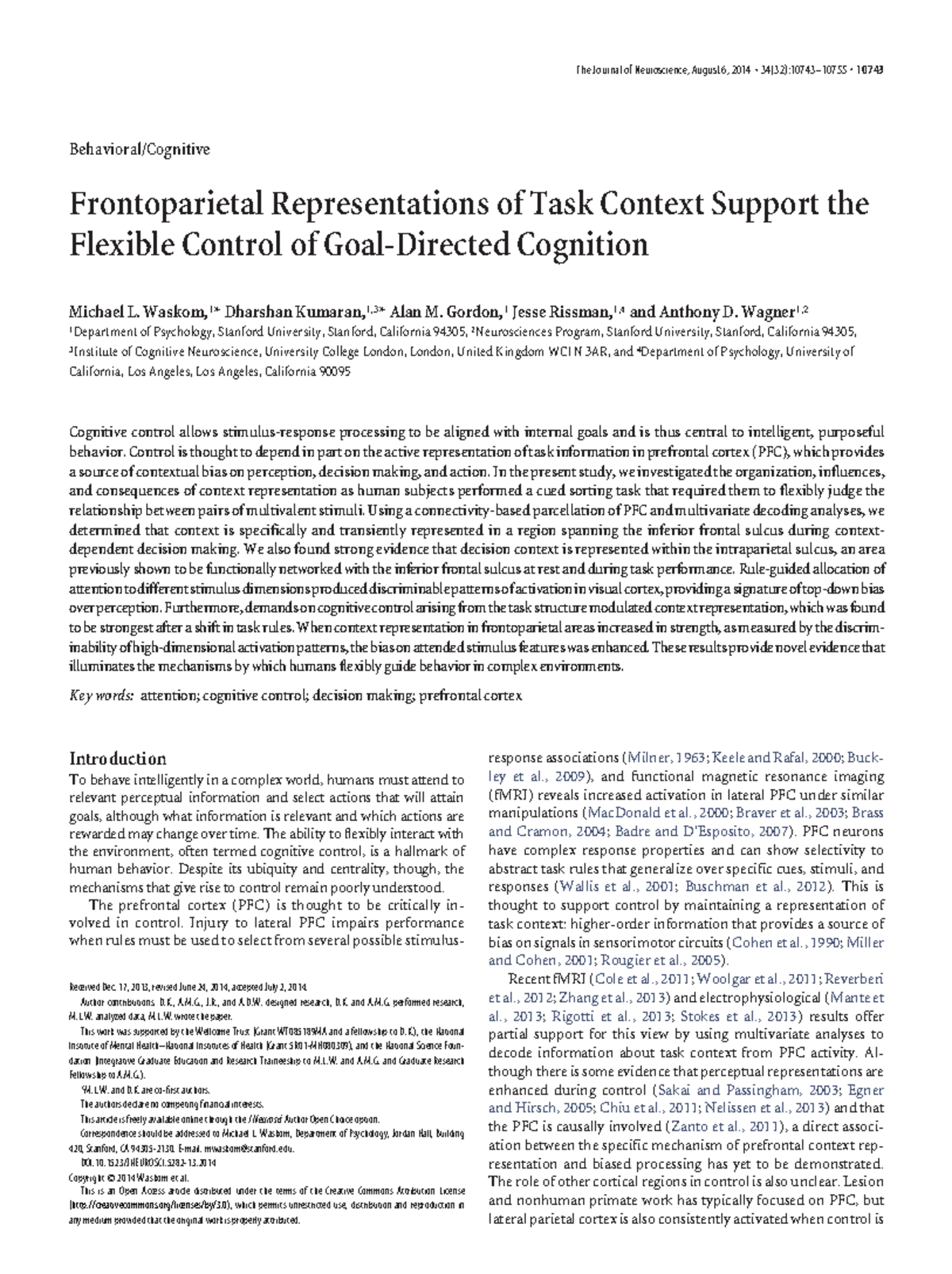 Stanford Multitasking Article - Behavioral/Cognitive Frontoparietal ...