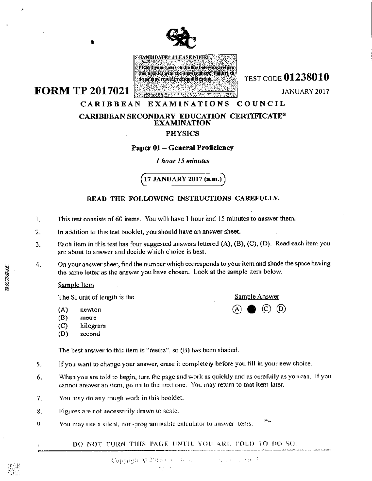 cxc Phys 2017 - physics past paper - ####### t ####### TEST CODE ...
