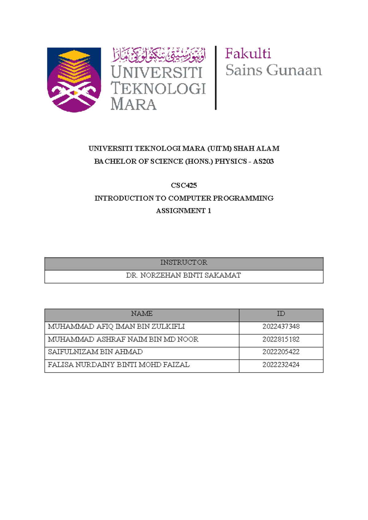 Assignment 1 Csc425 Intoduction To Computer Programming Universiti
