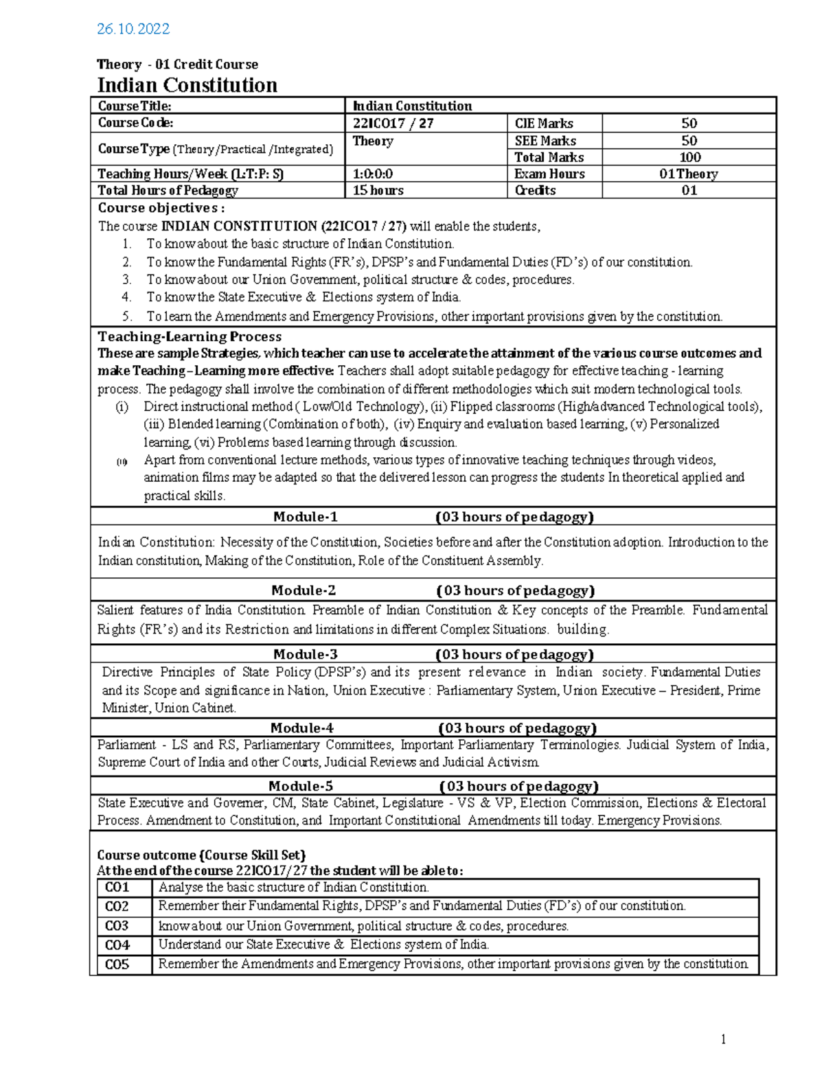 22ico17 Vtu Syllabus 26 1 Theory 01 Credit Course Indian Constitution Course Title