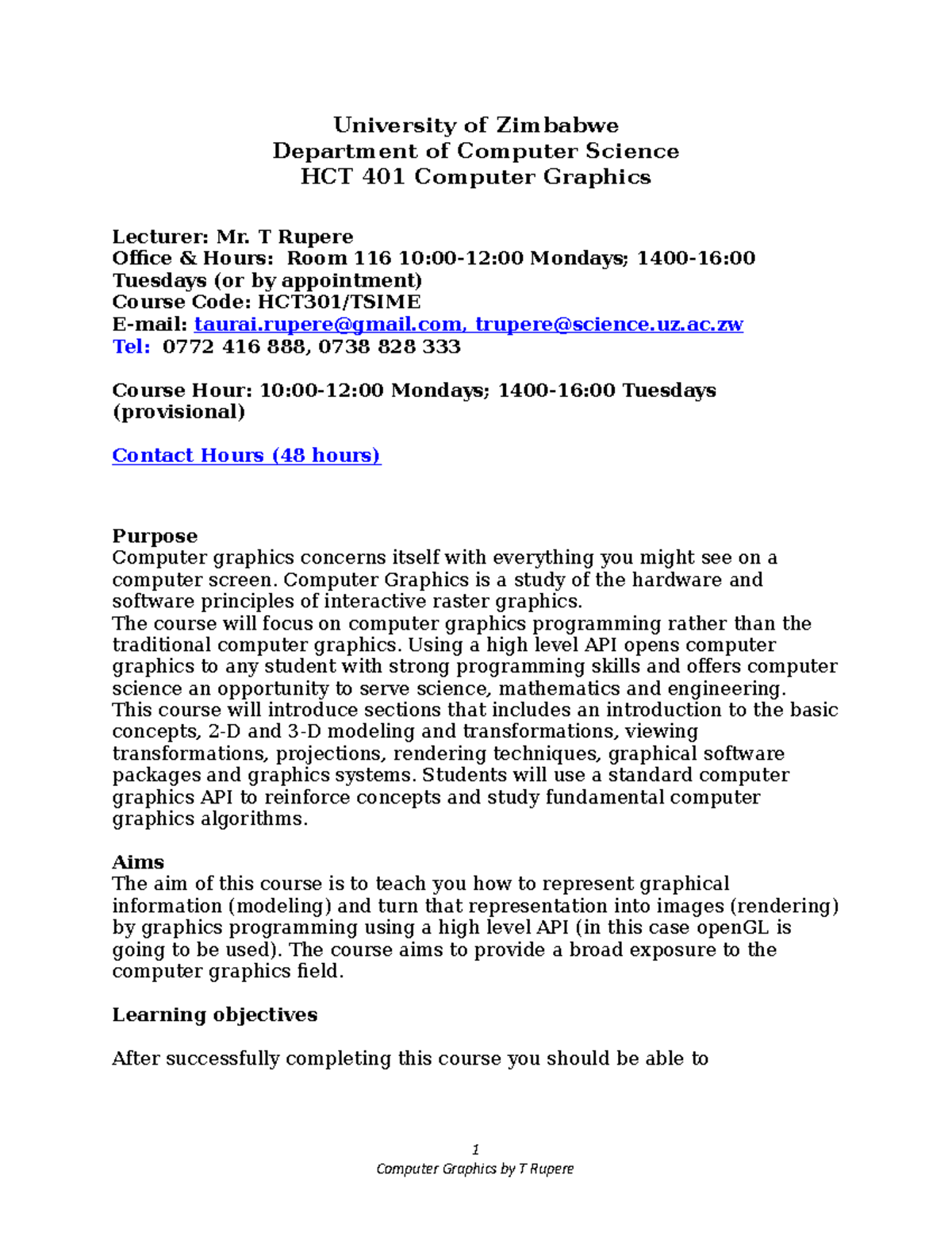 Computer graphics course outline - University of Zimbabwe Department of Computer Science HCT 401 ...