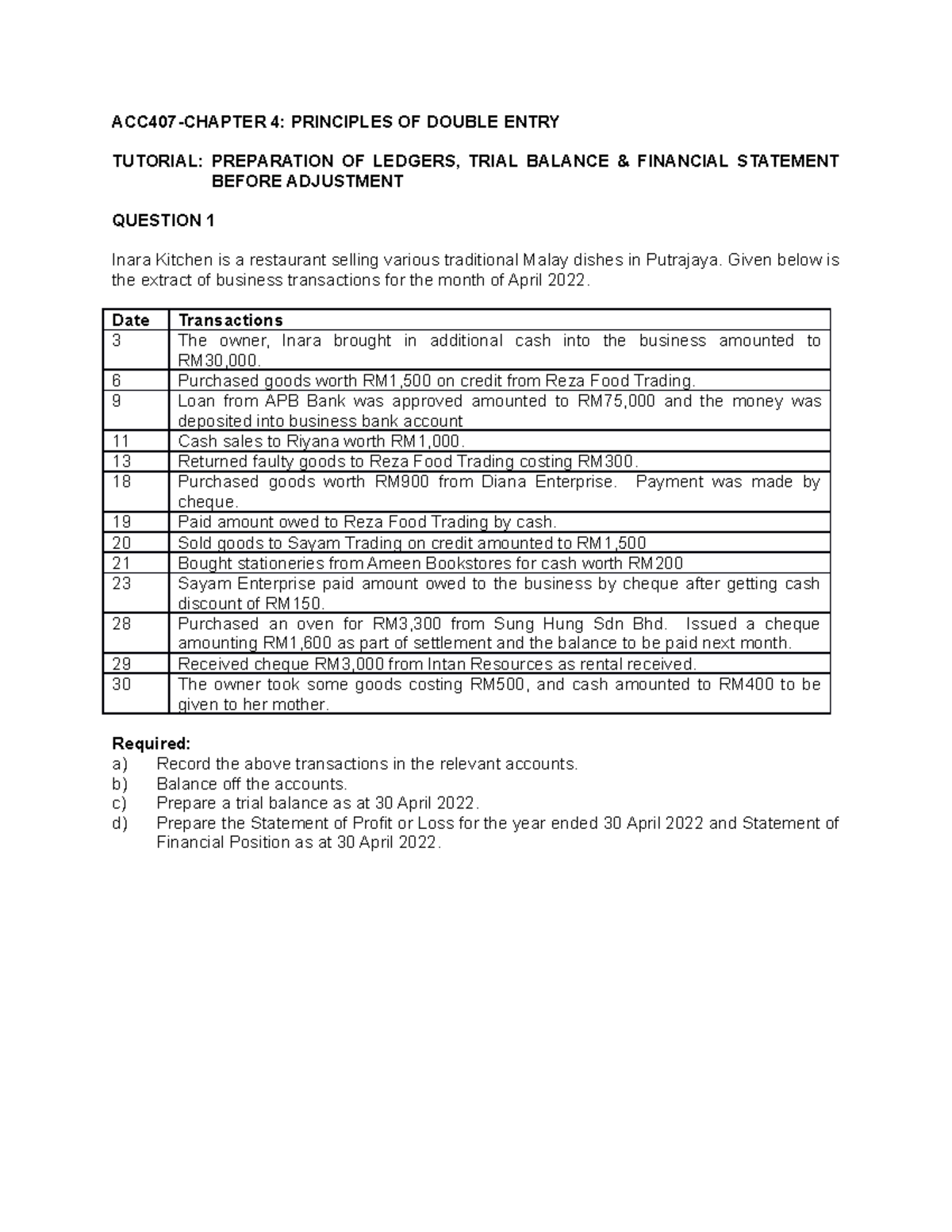 Chapter 4 Principle of Double Entry (Q) F2F - ACC407-CHAPTER 4 ...