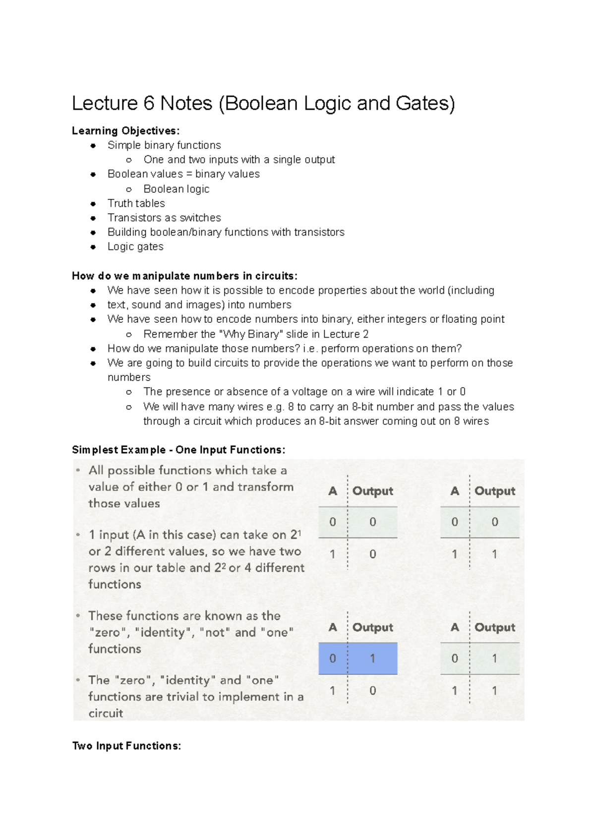 Compsci 110 Lecture 6 Notes Lecture 6 Notes Boolean Logic And Gates Learning Objectives
