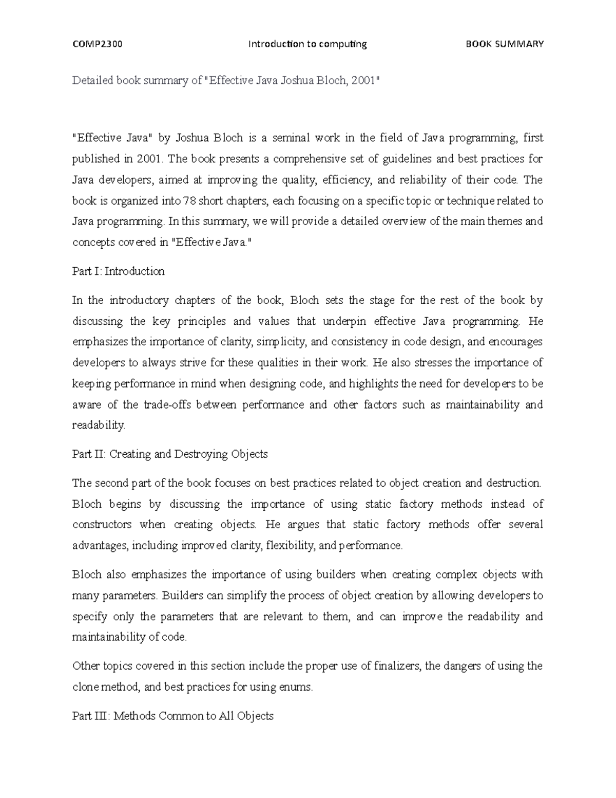 Detailed book summary of Effective Java - The book presents a comprehensive set of guidelines ...