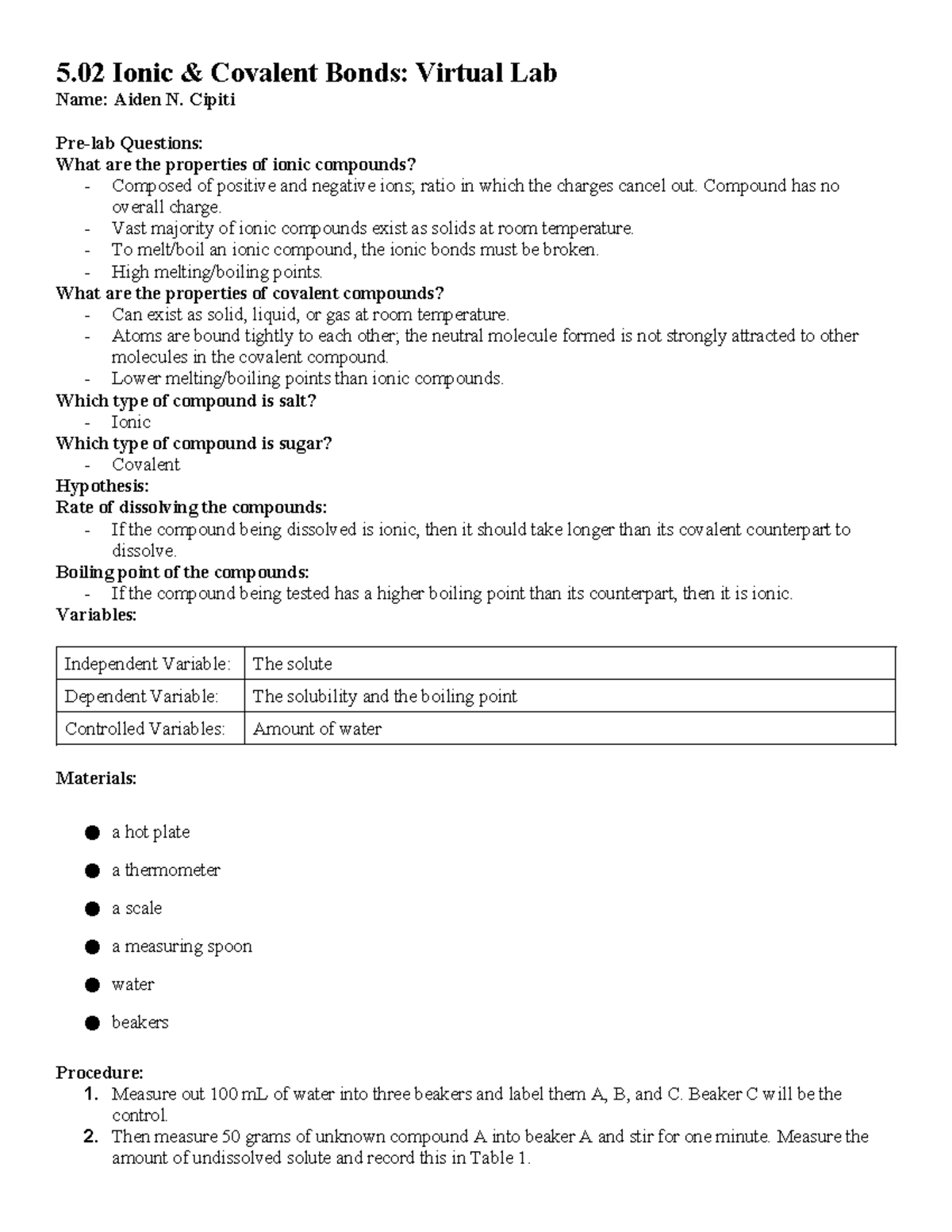 5.02 Ionic & Covalent Bonds - Virtual Lab - 5 Ionic & Covalent Bonds: Virtual Lab Name: Aiden N ...