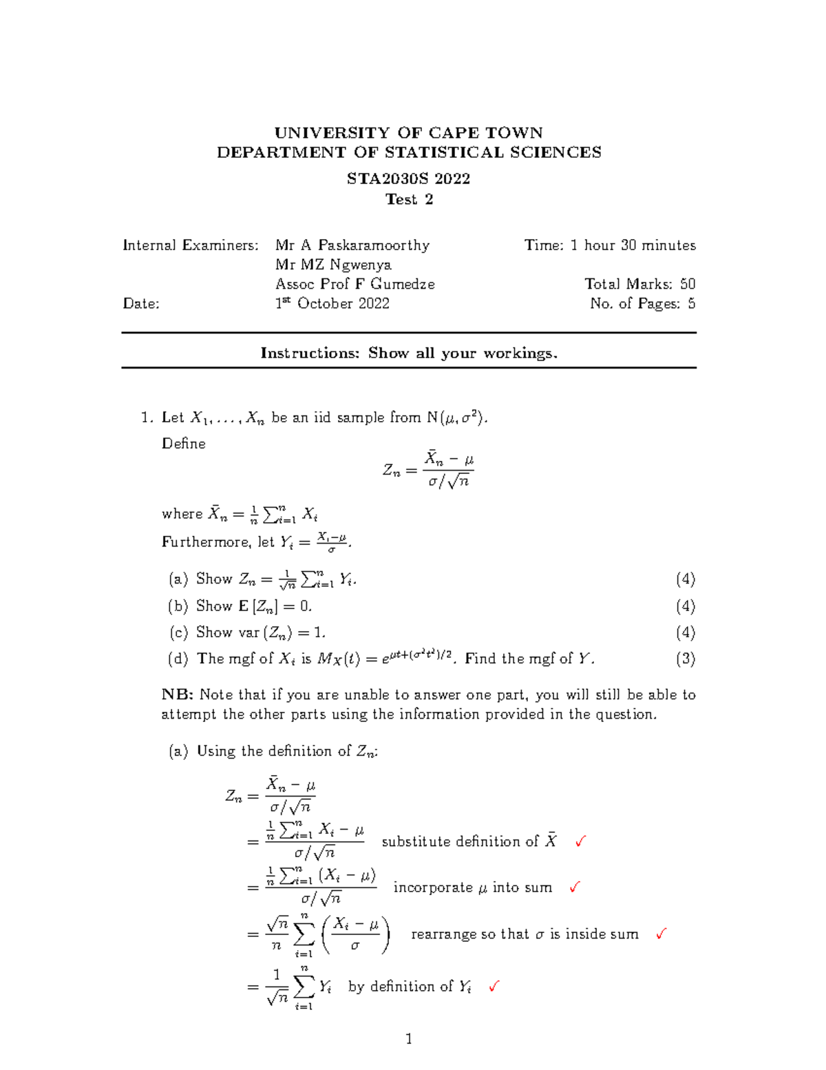 STA2030S 2022 Test 2 Solutions with marks - UNIVERSITY OF CAPE TOWN ...