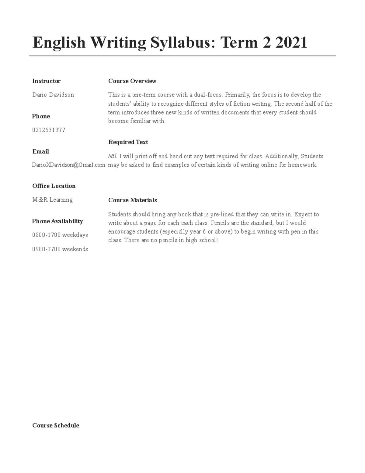 English Writing Syllabus term 2 brief - English Writing Syllabus: Term ...