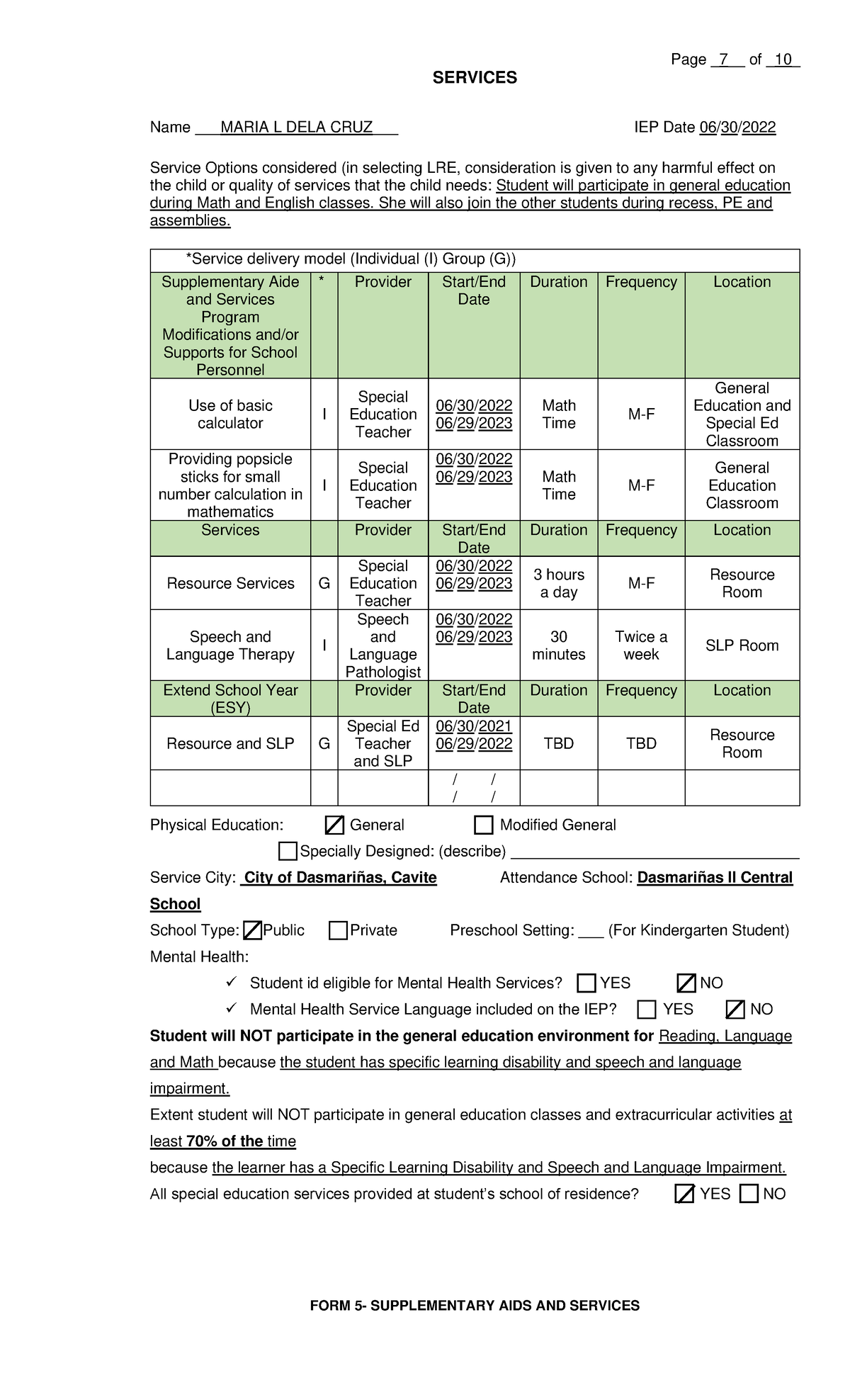 Form 5 Supplementary Aids and Services Completed - Page 7_ of 10 ...
