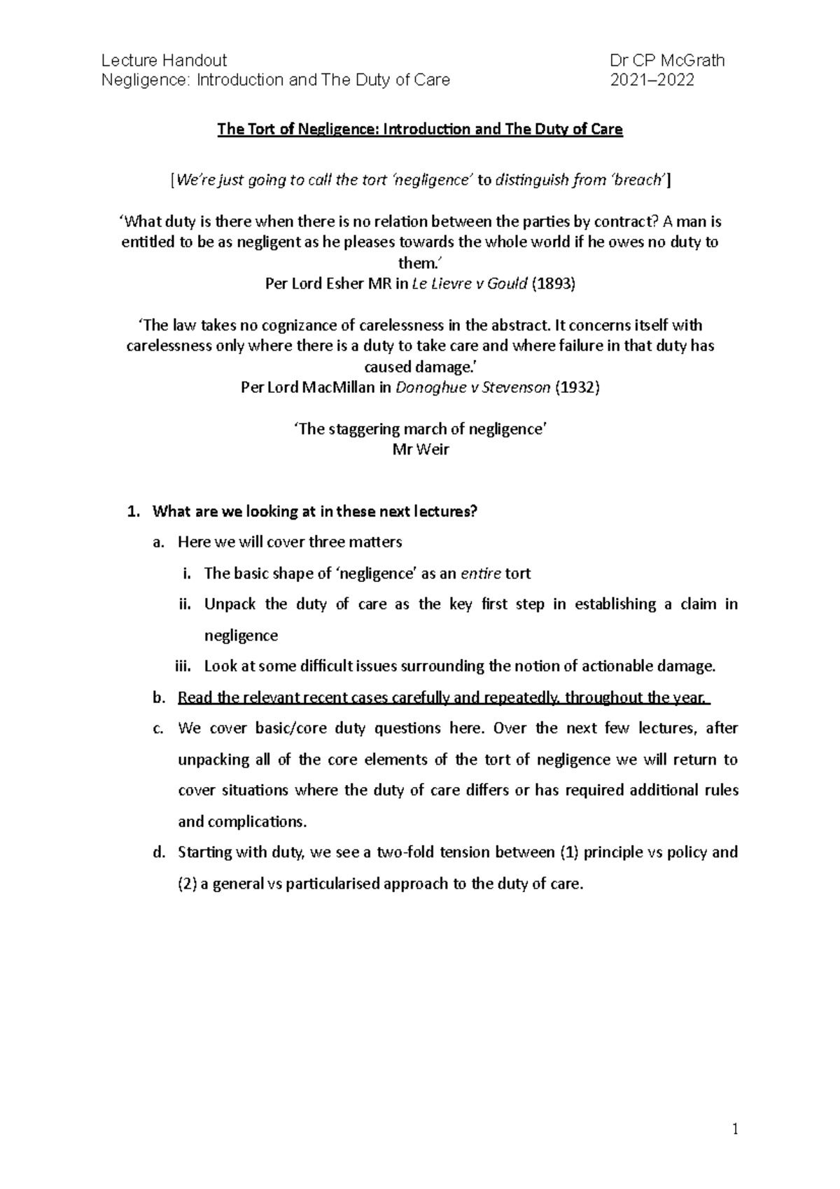 Introduction to Negligence Student Handout - Negligence: Introduction ...