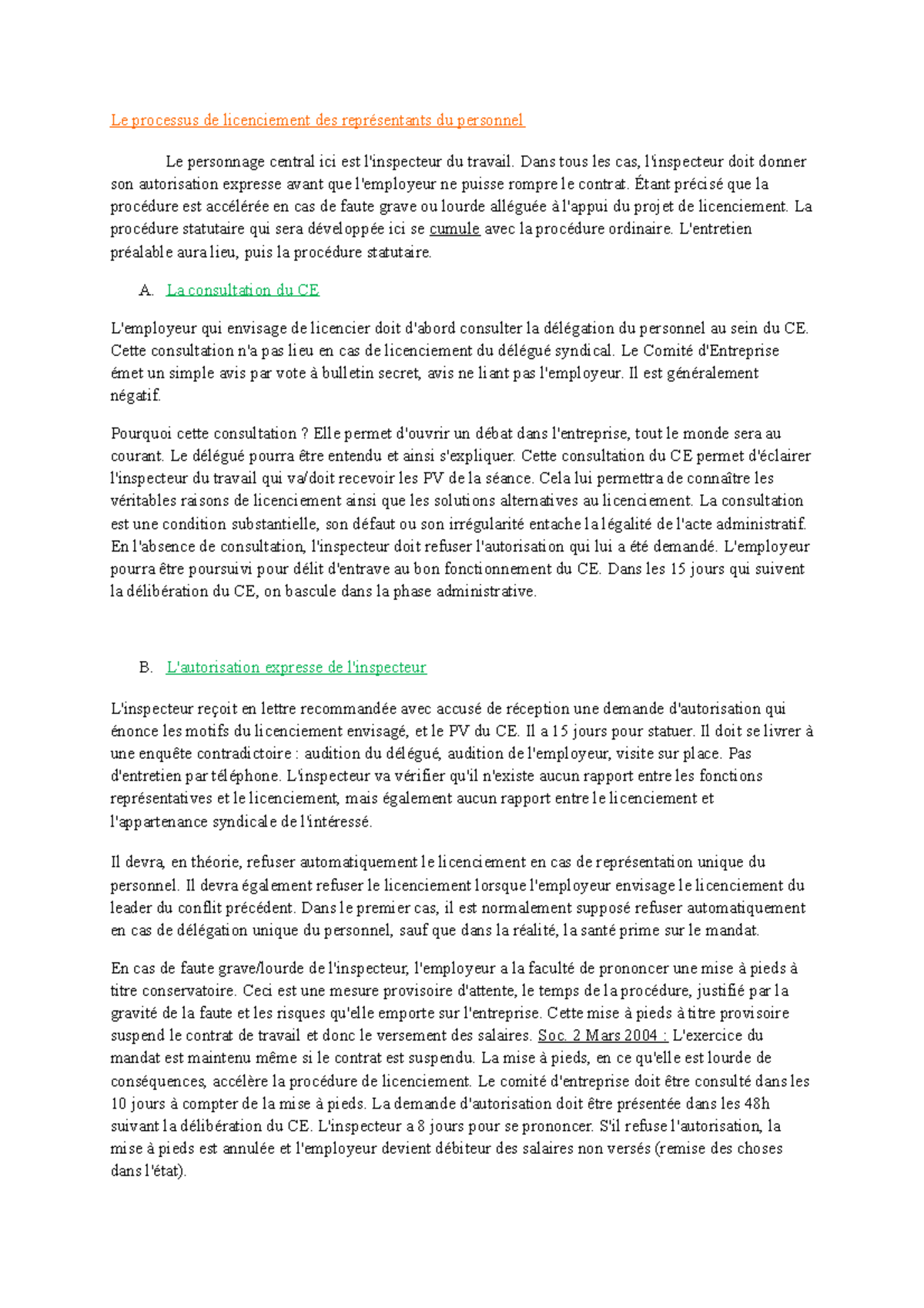 Le processus de licenciement des représentants du personnel - Le ...