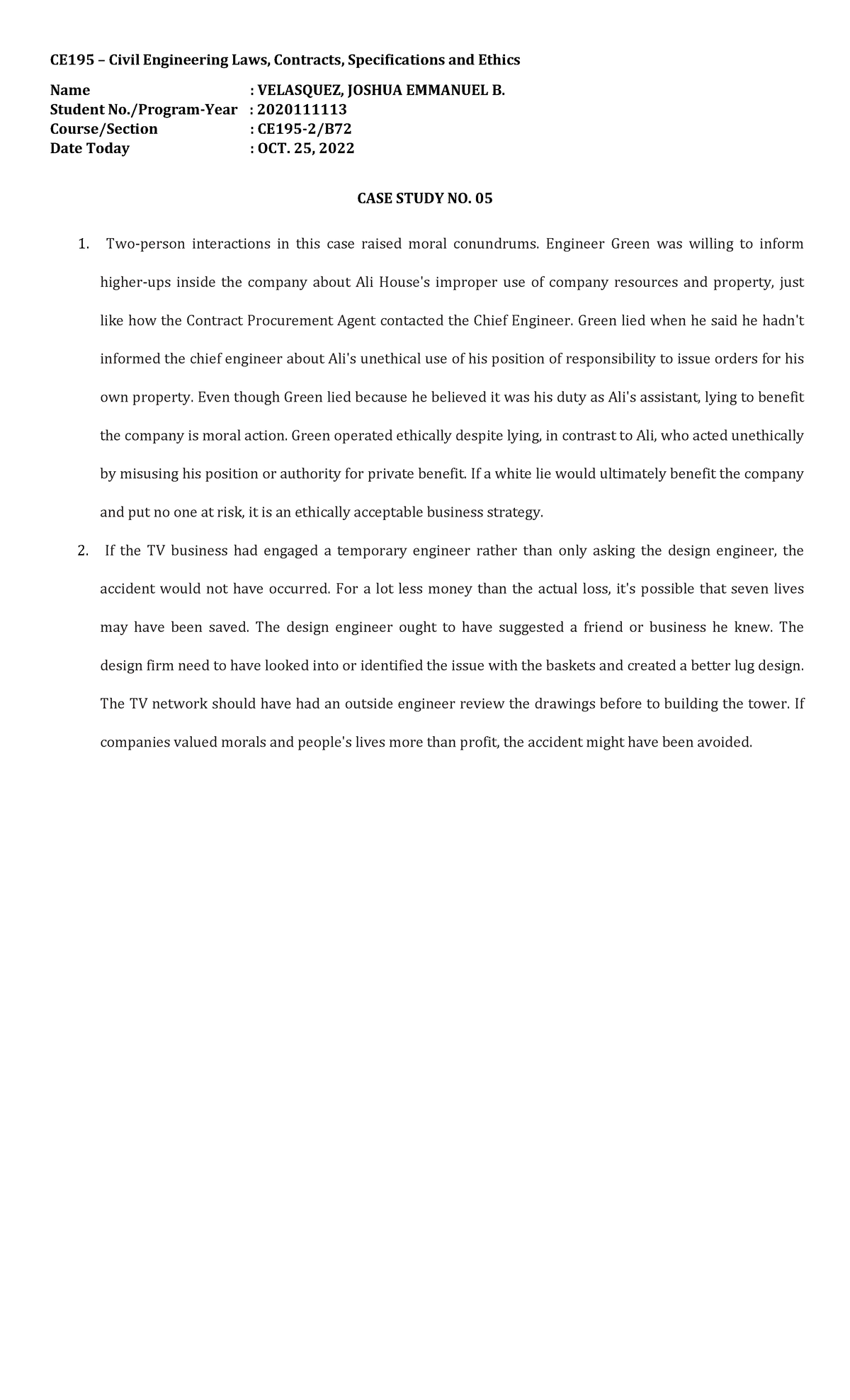 1Q2223 CE195-2 B71 CS05 Velasquez - CE195 – Civil Engineering Laws, Contracts, Specifications ...