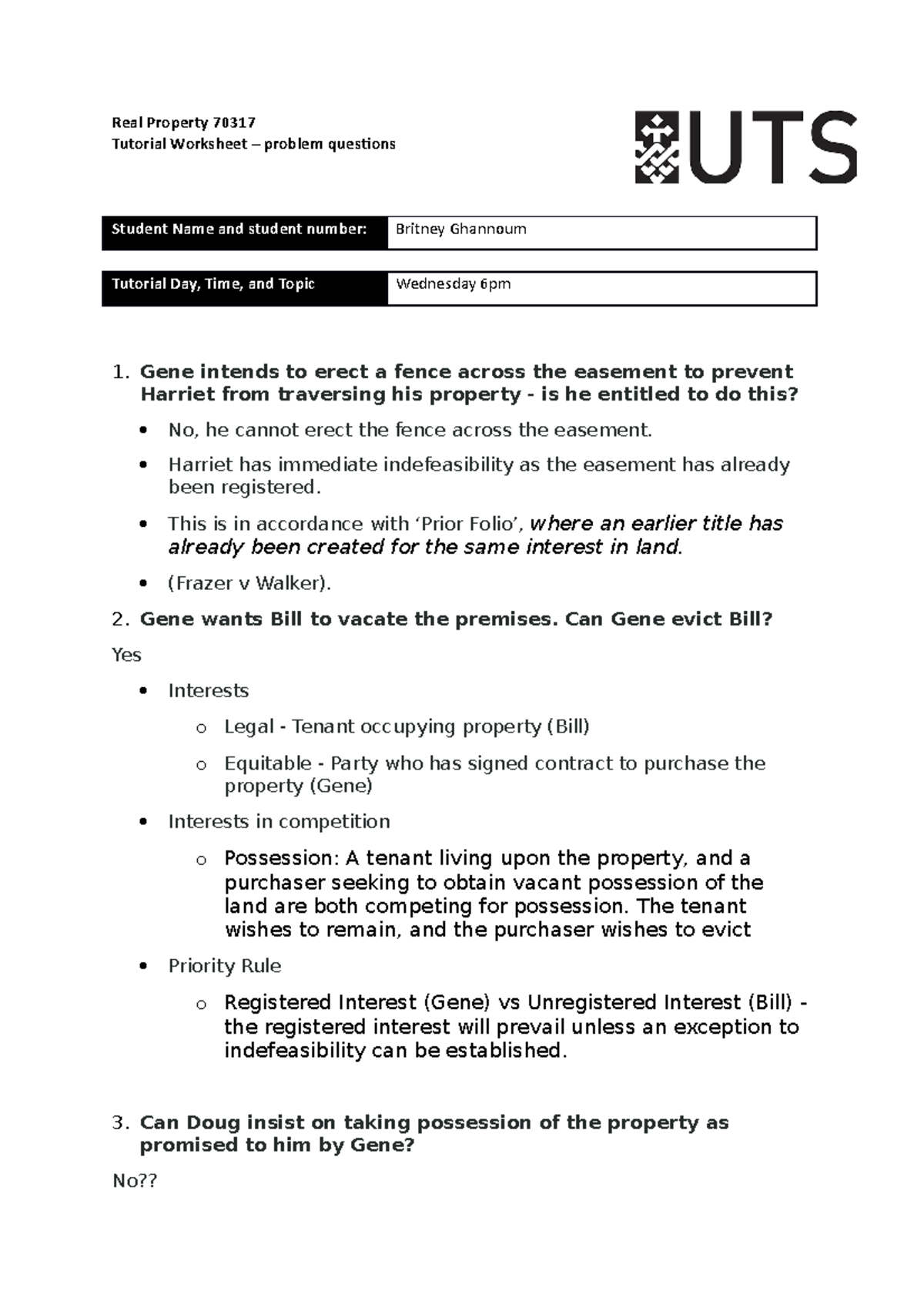Tutorial Pre-Preparation Worksheet 1 - Real Property 70317 Tutorial ...