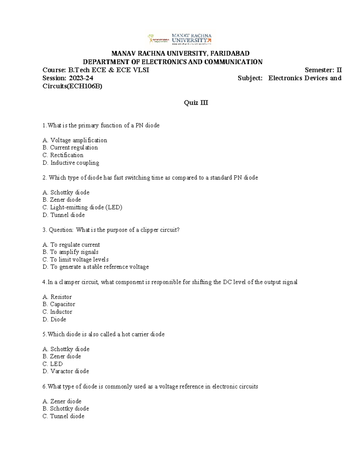 Quiz 3 EDC - MANAV RACHNA UNIVERSITY, FARIDABAD DEPARTMENT OF ...