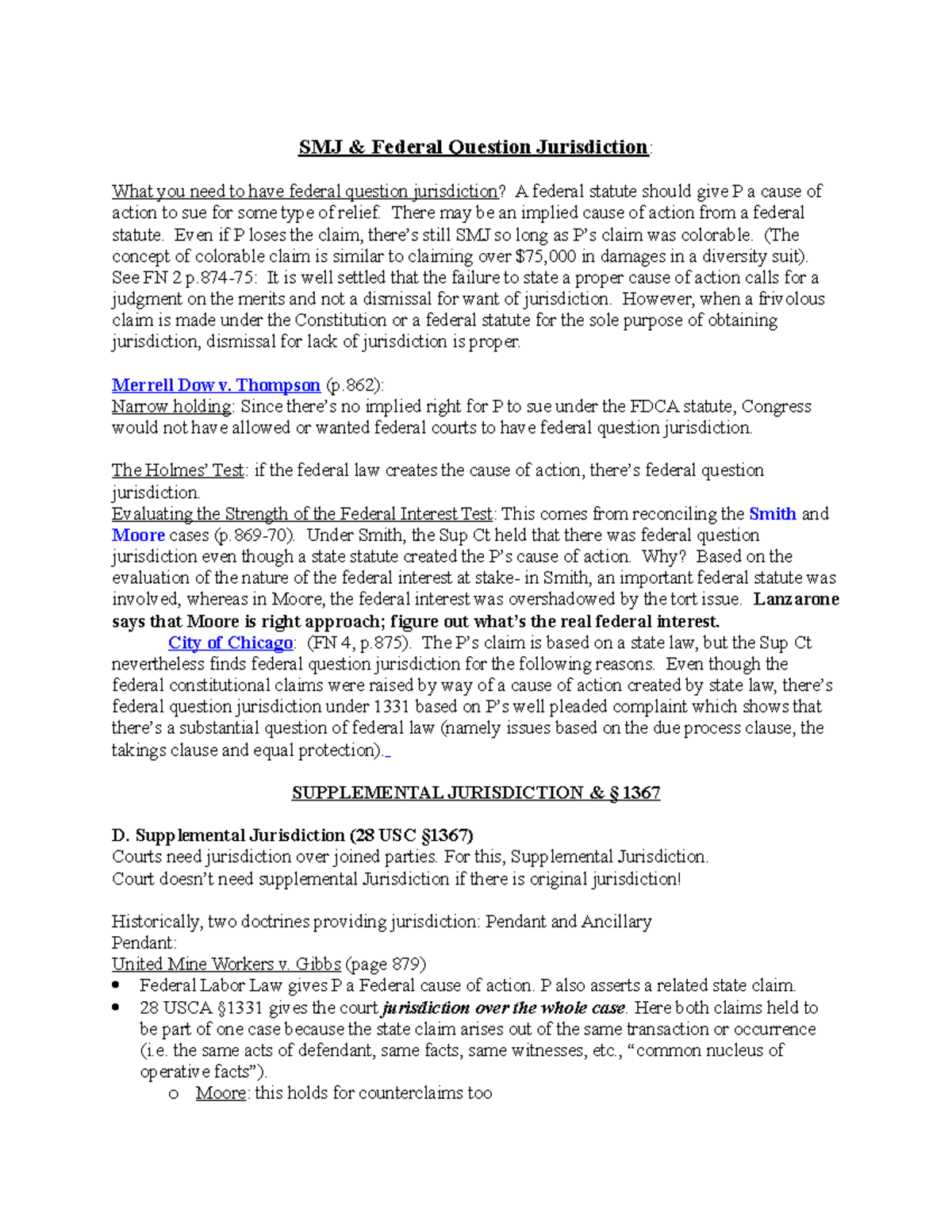 Civil Procedure Law Outline - 2 - SMJ & Federal Question Jurisdiction ...