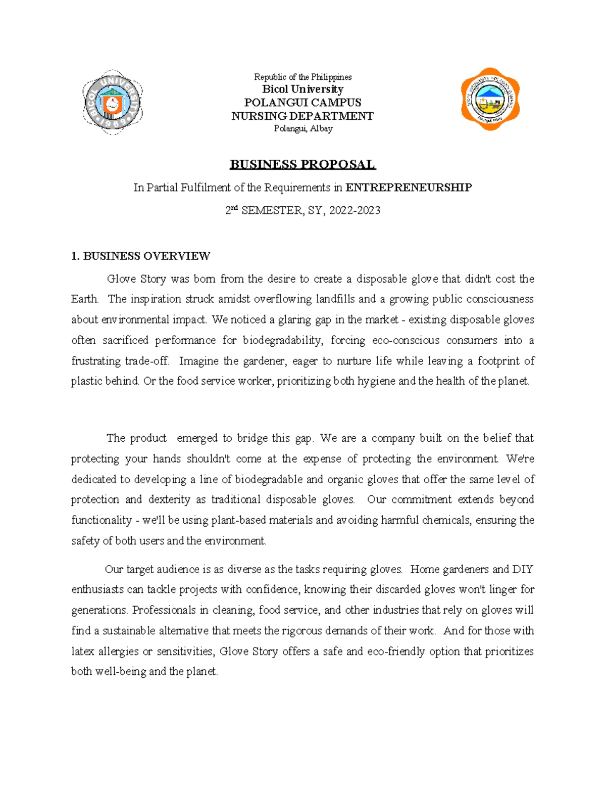 Business Proposal Sample - Republic of the Philippines Bicol University ...