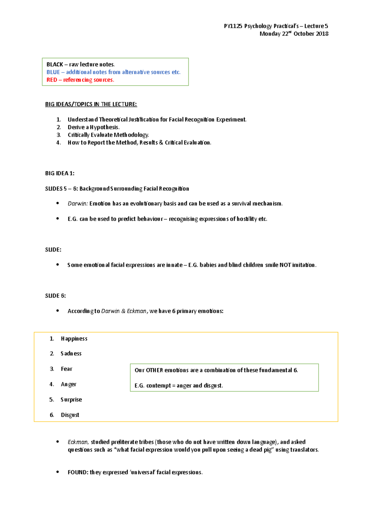 Lecture 5 - Notes PY1125 - Monday 22nd October 2018 BIG IDEAS/TOPICS IN ...