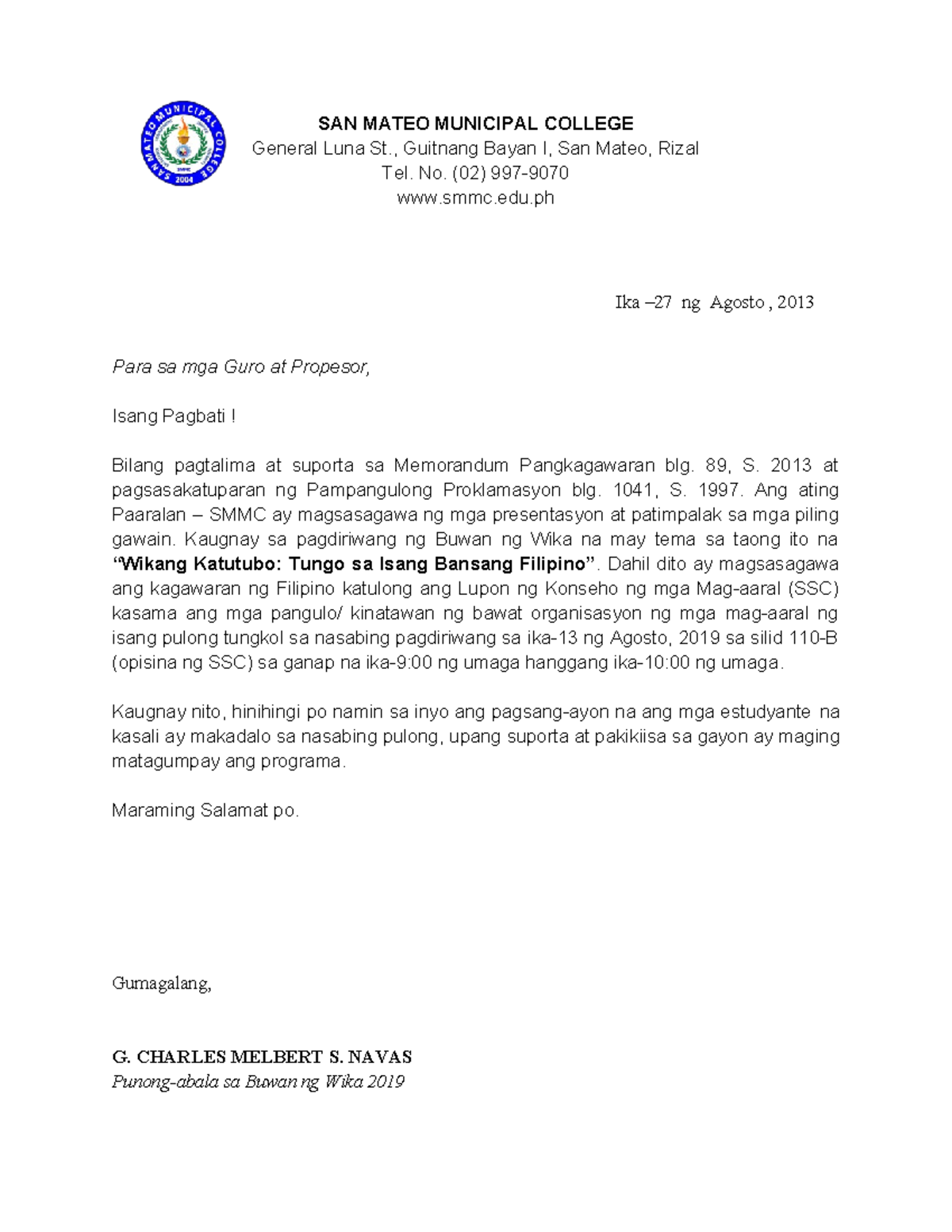 Excuse letter - doc - SAN MATEO MUNICIPAL COLLEGE General Luna St ...