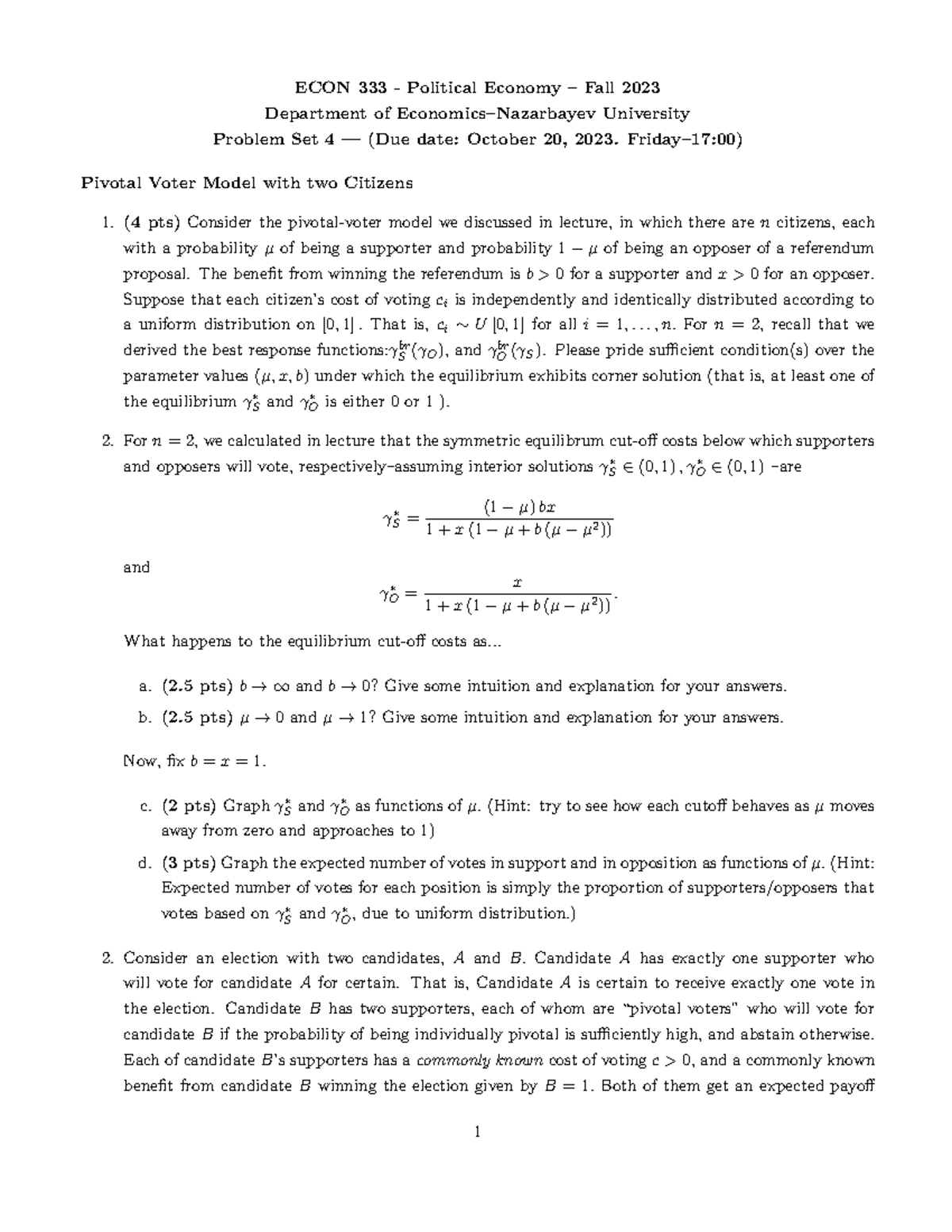 Problem Set 4 - PS4 - ECON 333 - Political Economy – Fall 2023 Department of Economics ...