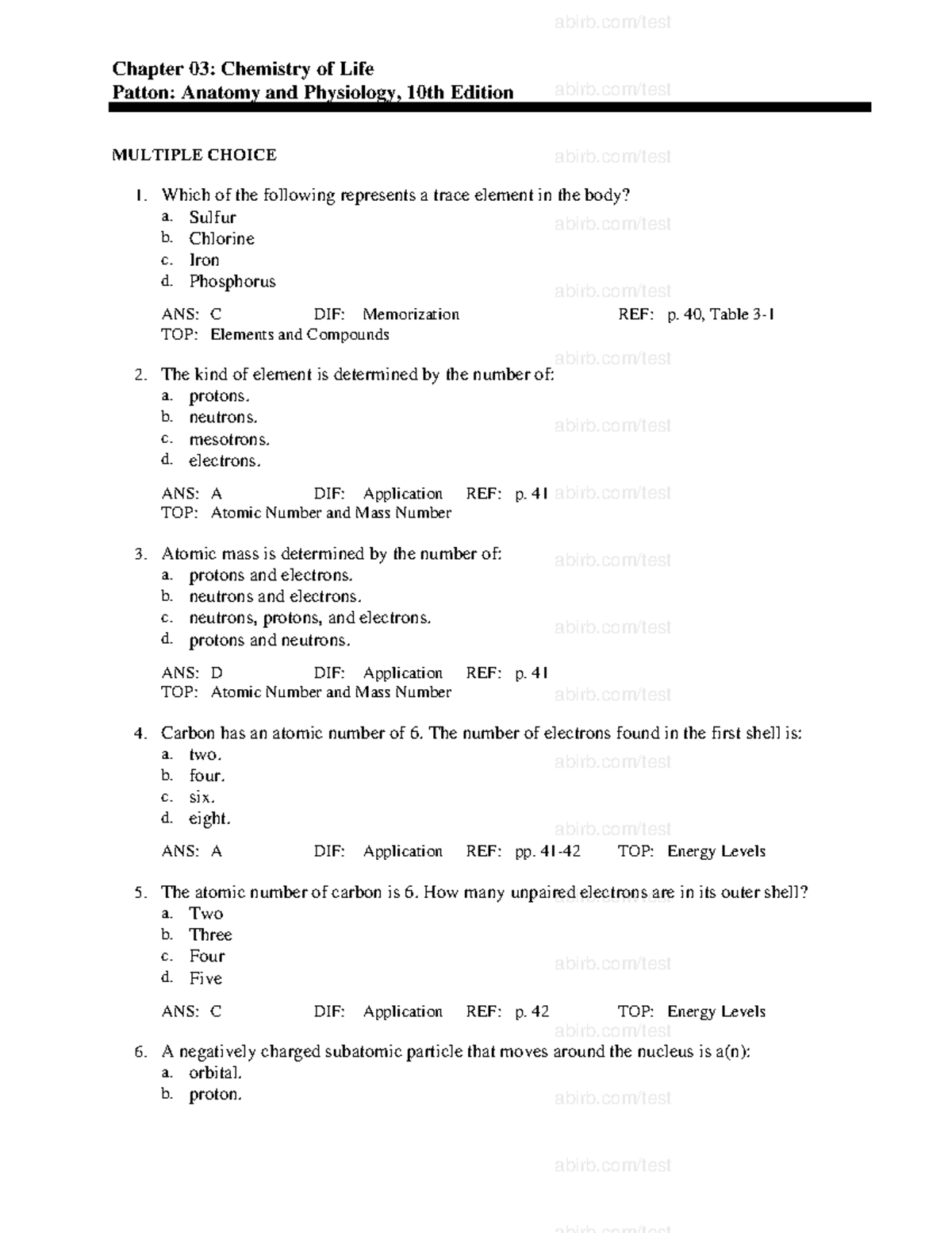 3 - answers and questions - Chapter 03: Chemistry of Life Patton ...
