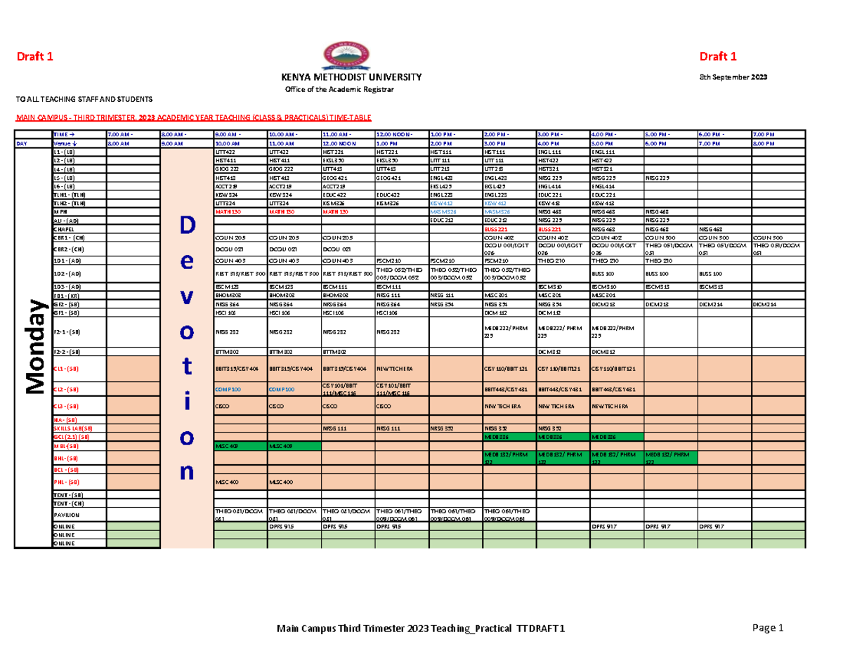 First Trimester Timetable YEAR 1 - Draft 1 Draft 1 KENYA METHODIST ...